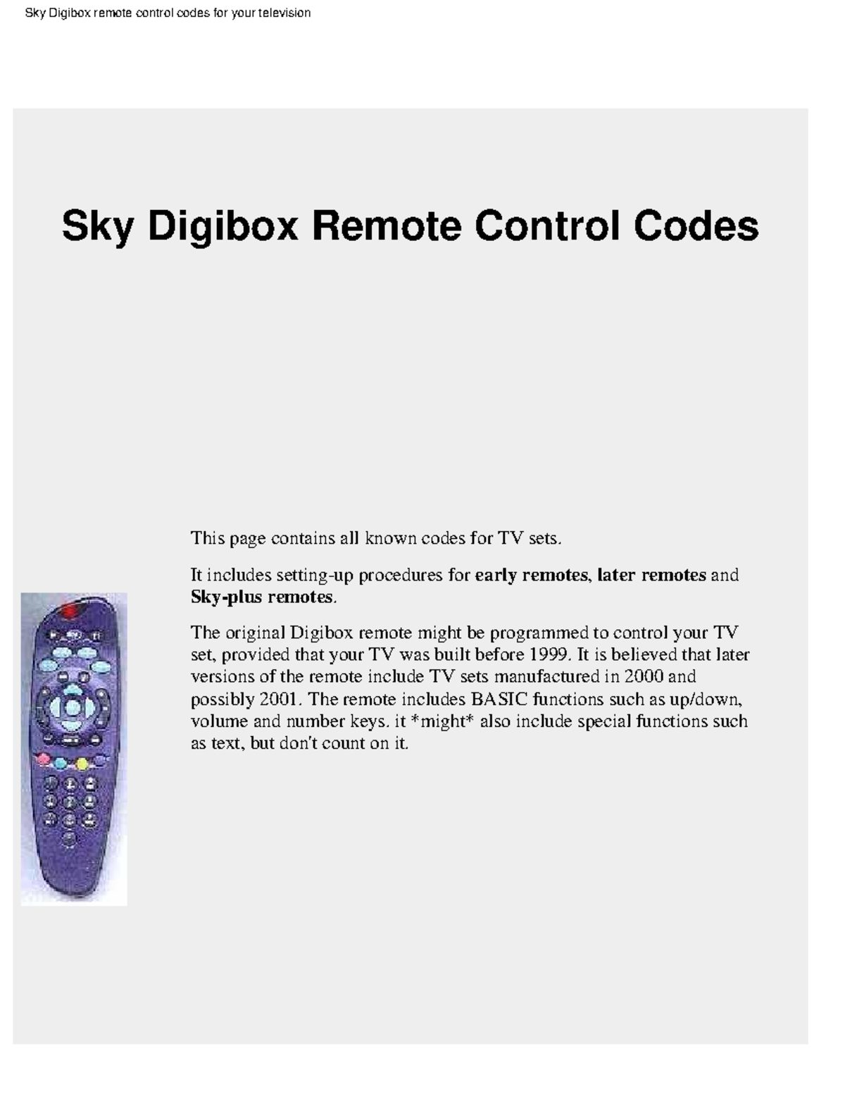 Tb53h-4076 - Hard - Sky Digibox remote control codes for your ...