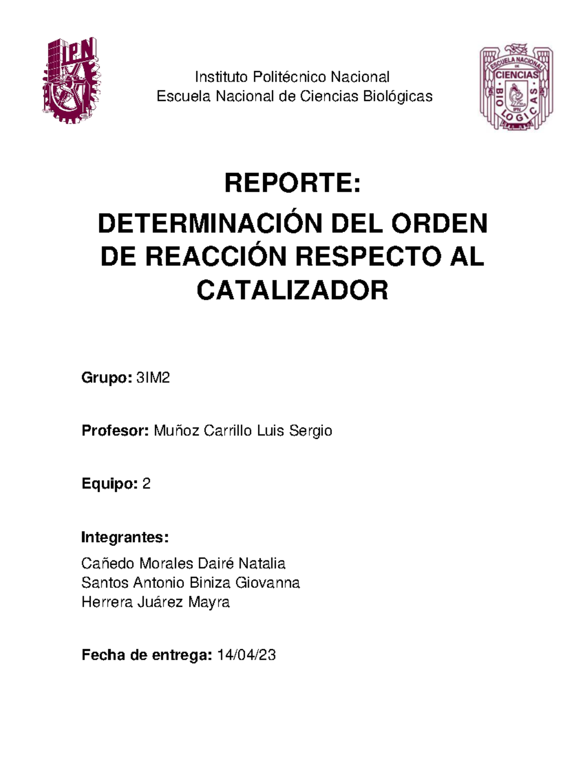 Reporte Cinética Química - Instituto Politécnico Nacional Escuela ...