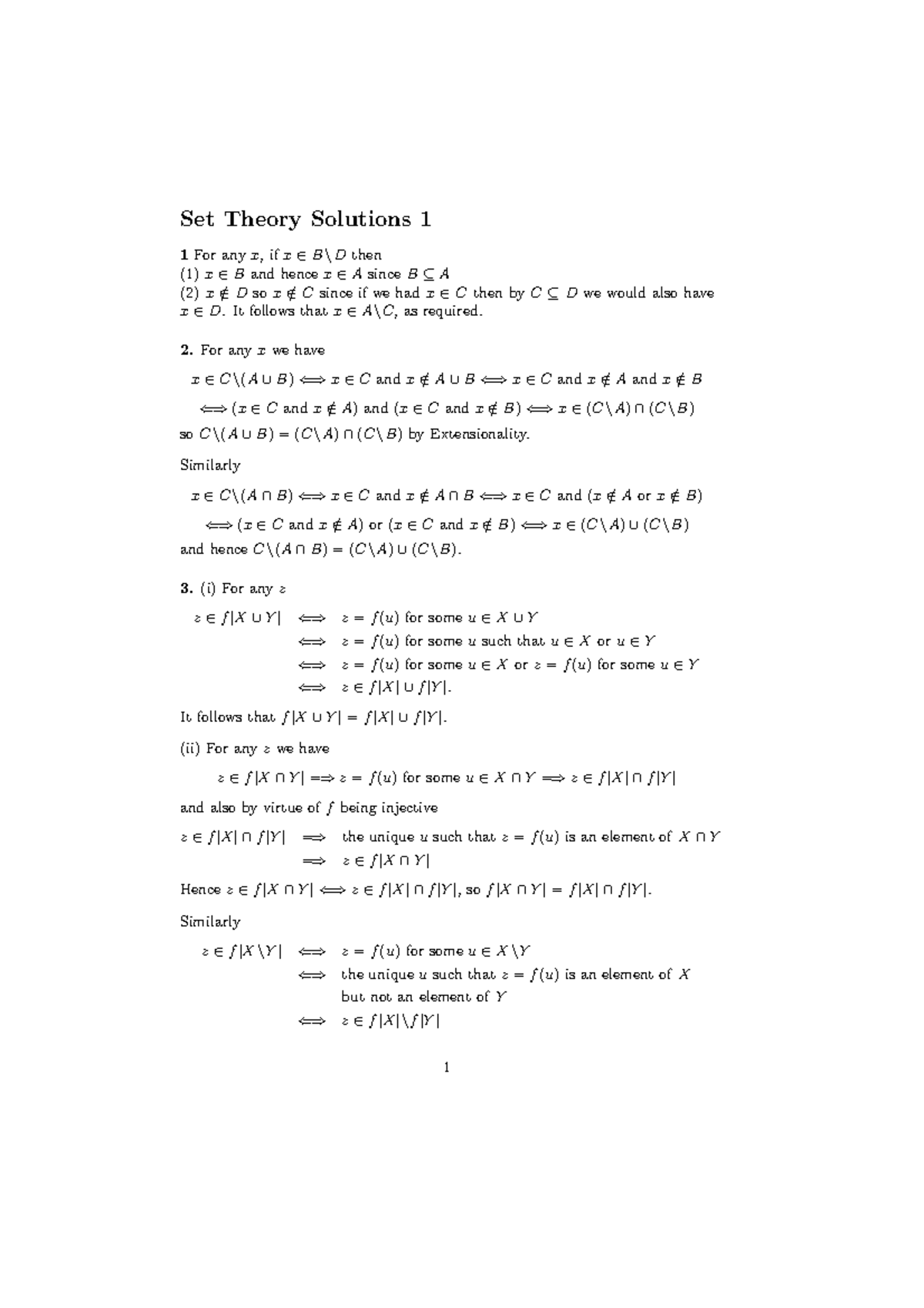 materia de repaso - Set Theory Solutions 1 1 For any x, if x ∈ B \D then (1) x ∈ B and hence x ∈ ...