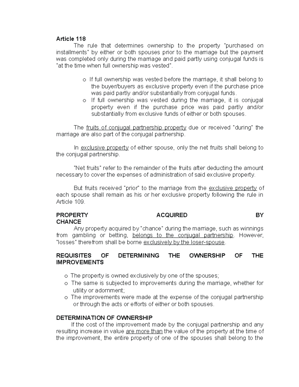 Persons & Family Law - Article 118 The rule that determines ownership ...