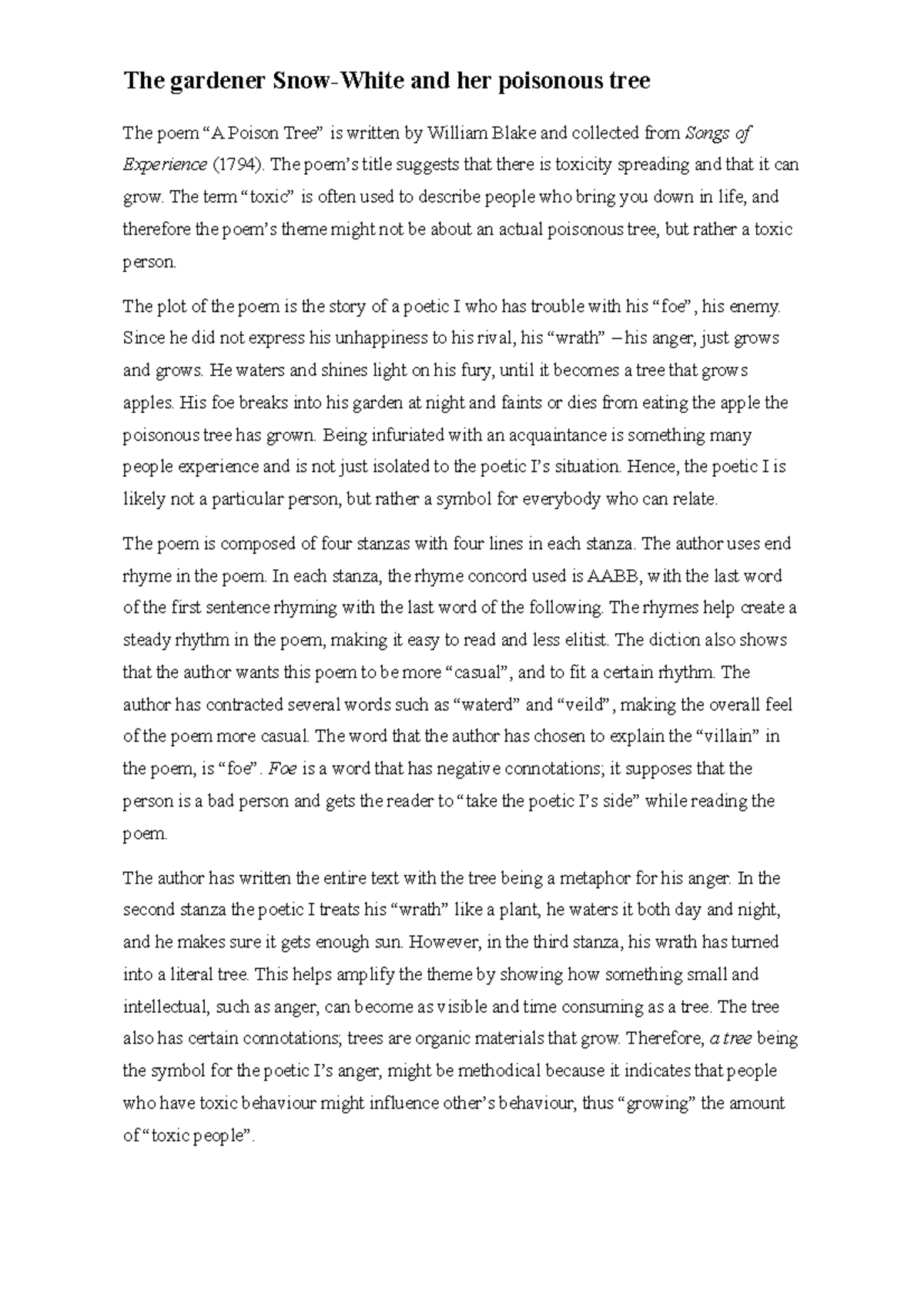 Poetry analysis "A poisonous tree" - The gardener Snow-White and her ...