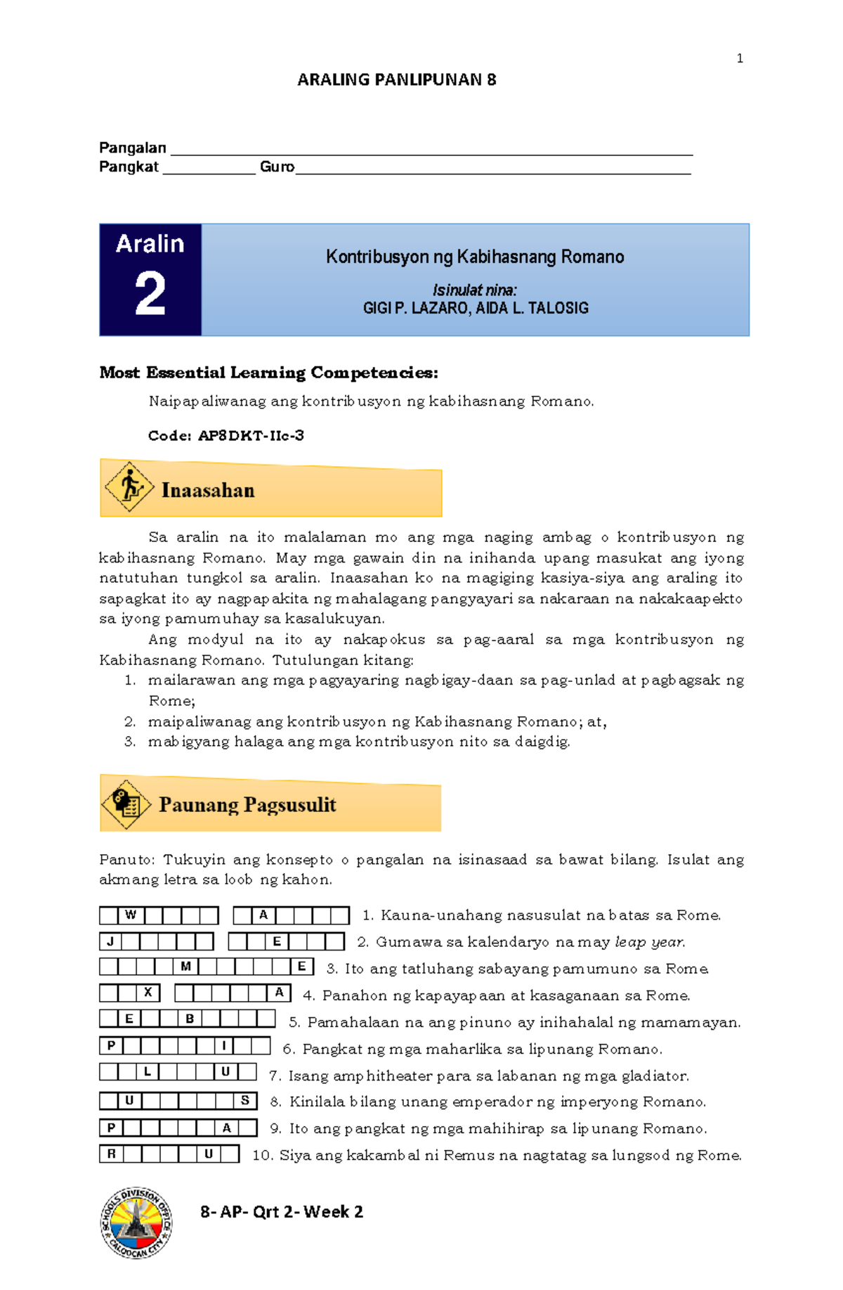8 AP Qtr 2 Week 2 - Read - ARALING PANLIPUNAN 8 Pangalan - Studocu