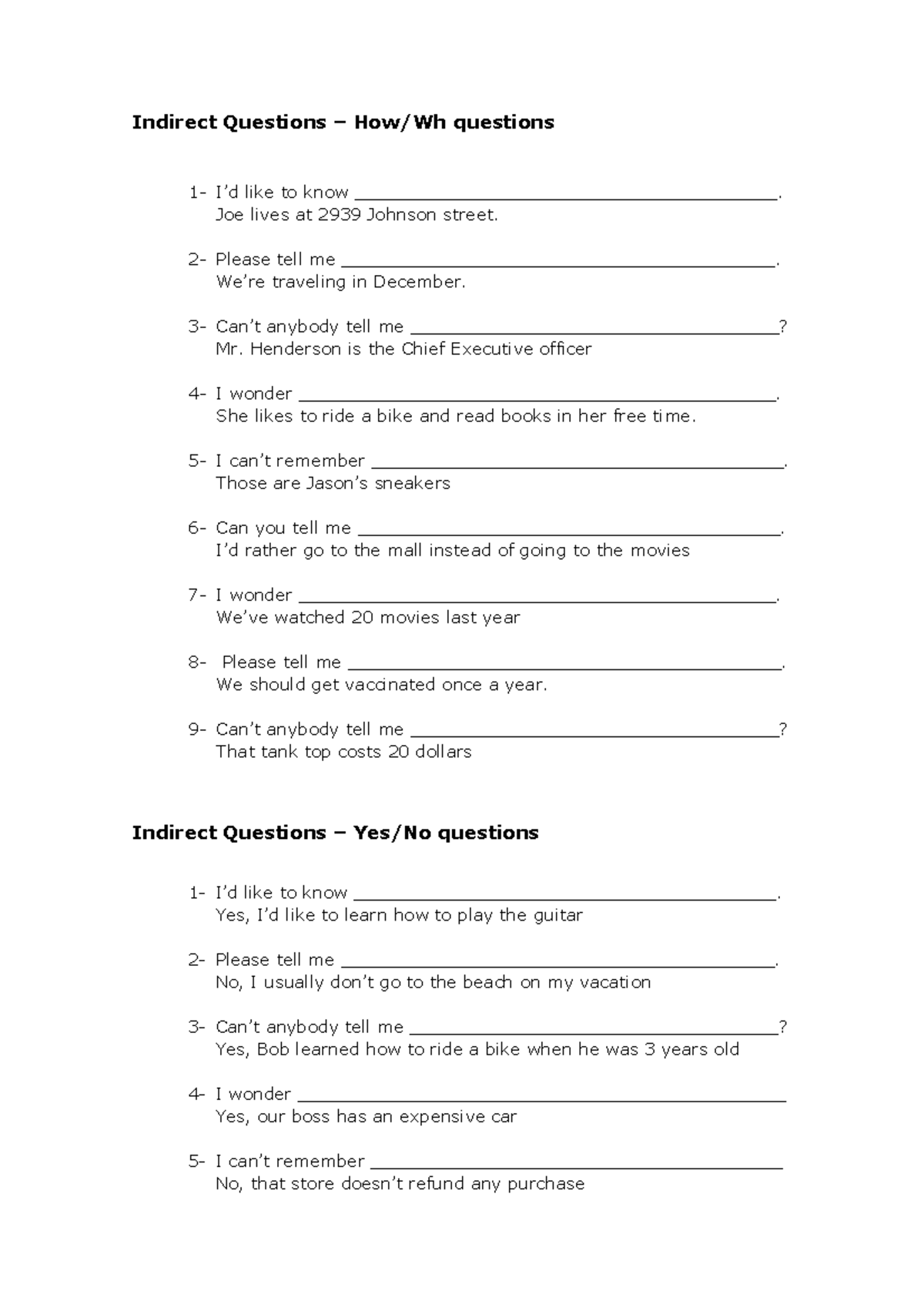 Indirect Questions - qqqqqqqqq - Indirect Questions – How/Wh questions ...