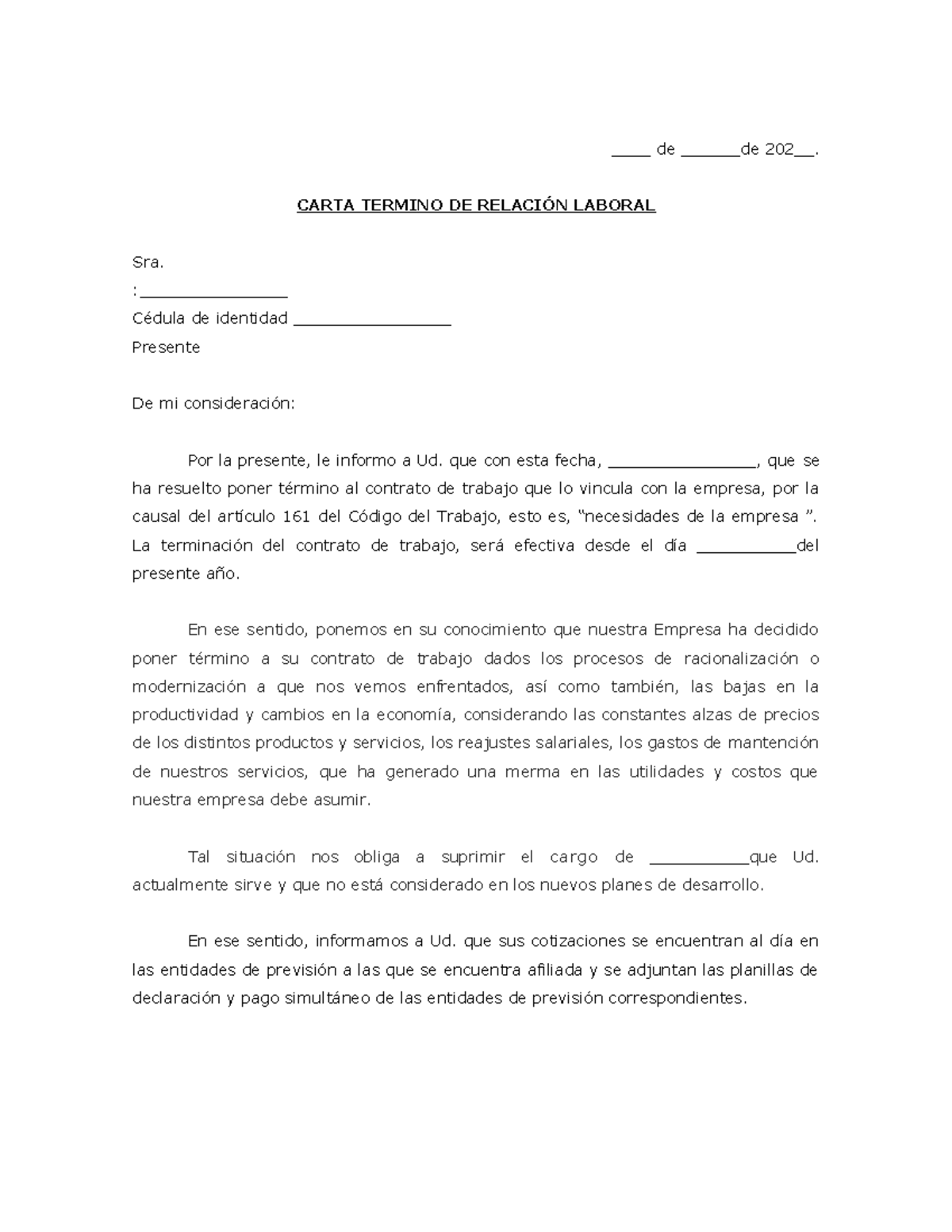 Carta termino relación laboral - ____ de de 202. CARTA TERMINO DE ...