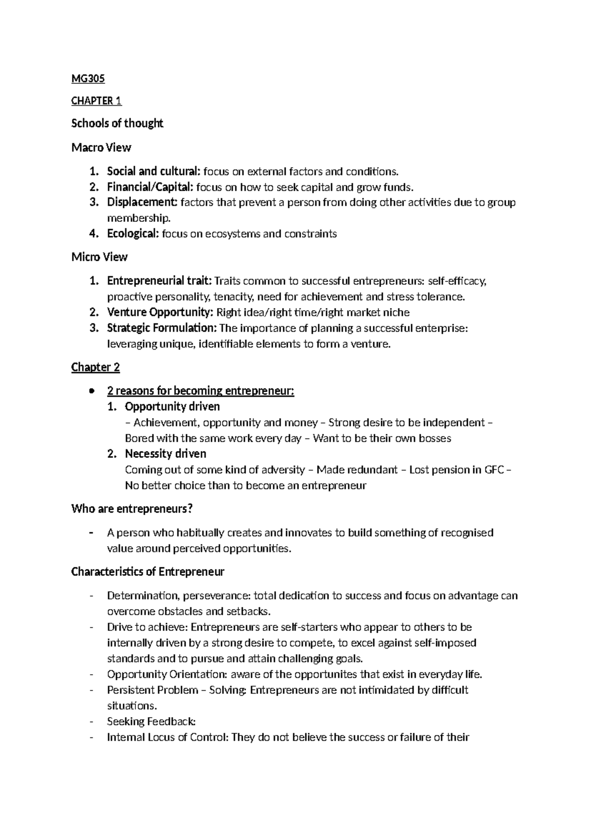 MG305 - Summary New Venture Creation - MG CHAPTER 1 Schools of thought ...