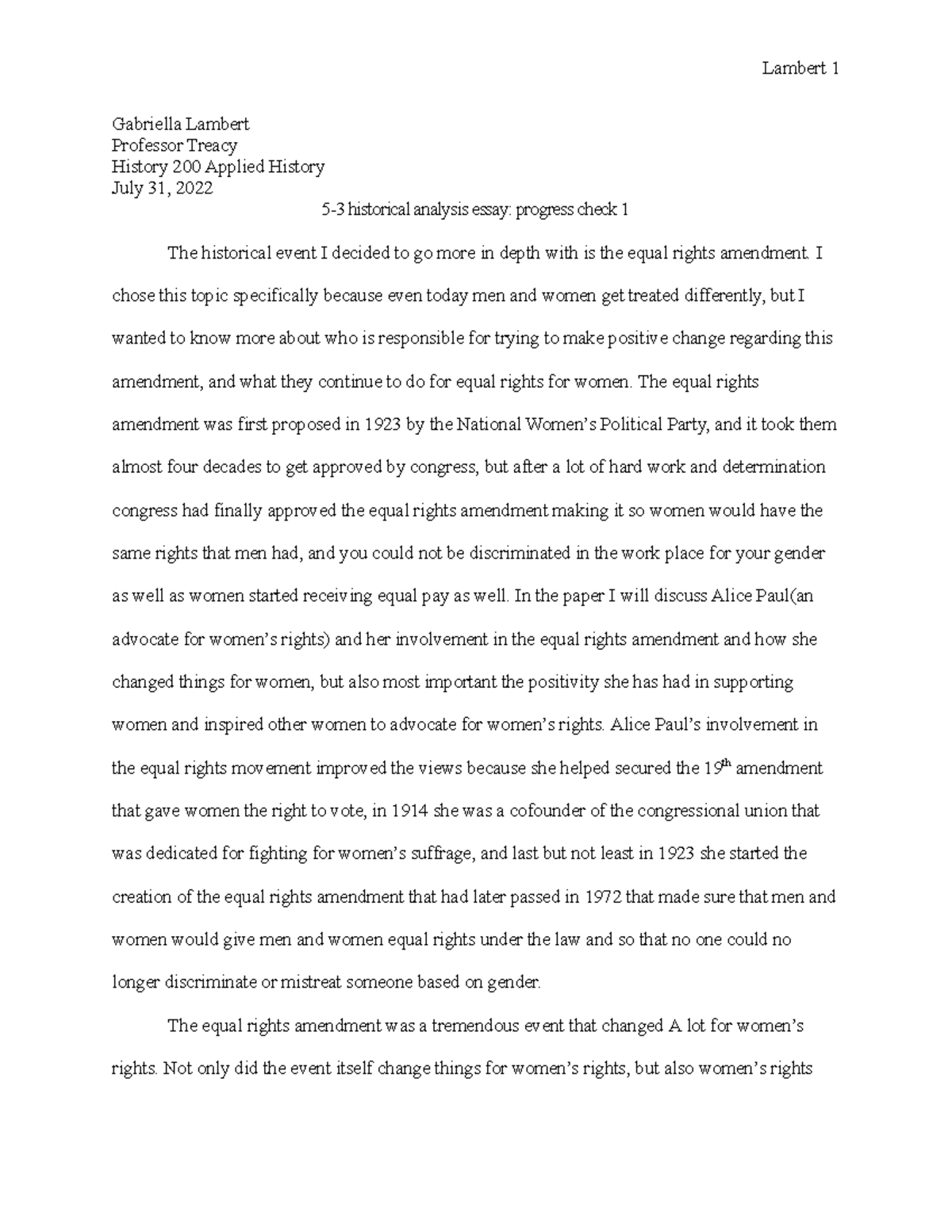 Historical Analysis Essay: Equal Rights Amendment and Alice Paul's ...