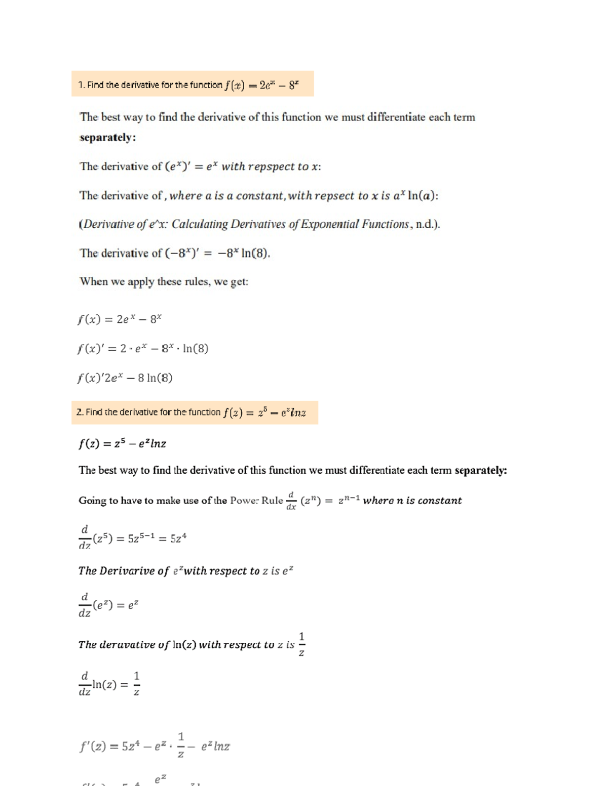 Written Assignment Unit 5 - MATH 1211 - References: Derivative of e^x ...
