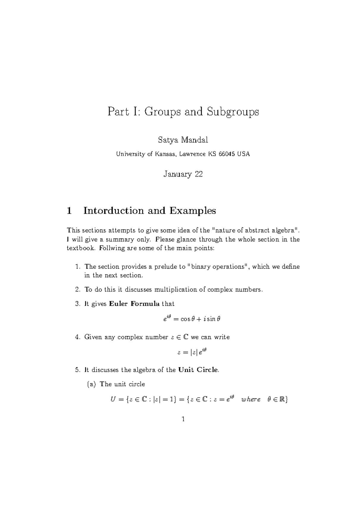 Lecture notes, lecture 1 - Groups - Part I: Groups and Subgroups Satya ...