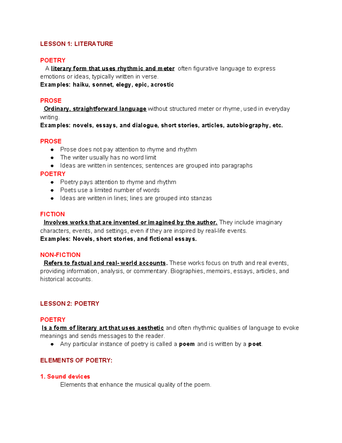 science lessons - LESSON 1: LITERATURE POETRY A literary form that uses ...
