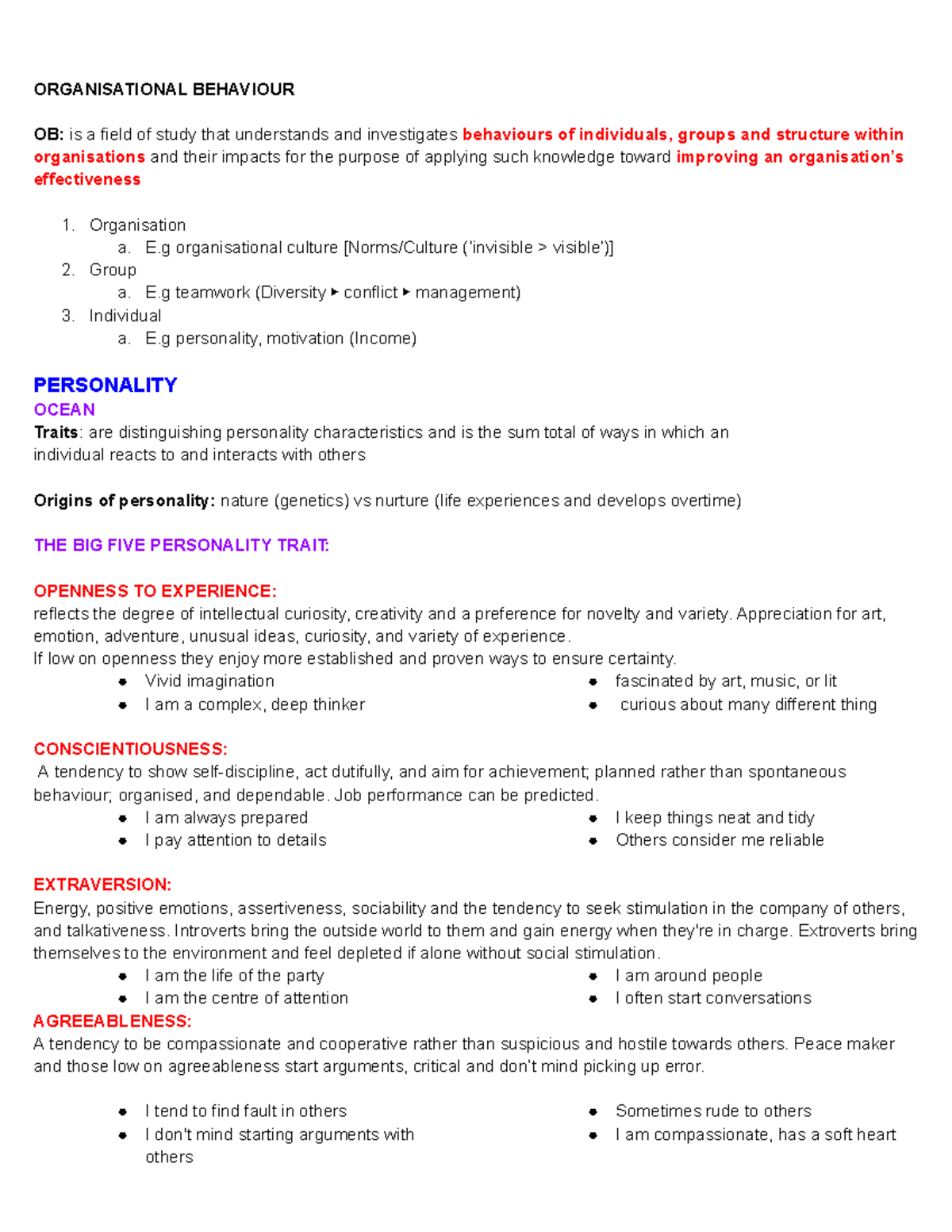 Organisational Behaviour Notes - ORGANISATIONAL BEHAVIOUR OB: is a ...