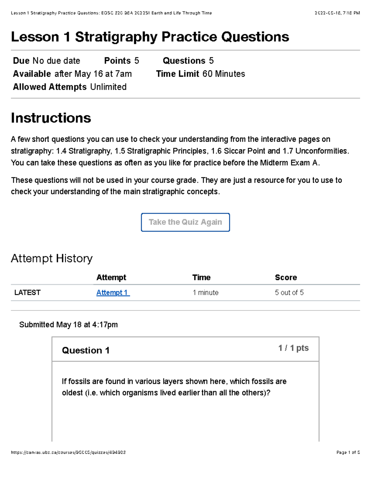 Lesson 1 Stratigraphy Practice Questions: EOSC 326 98A 2022S1 Earth and ...