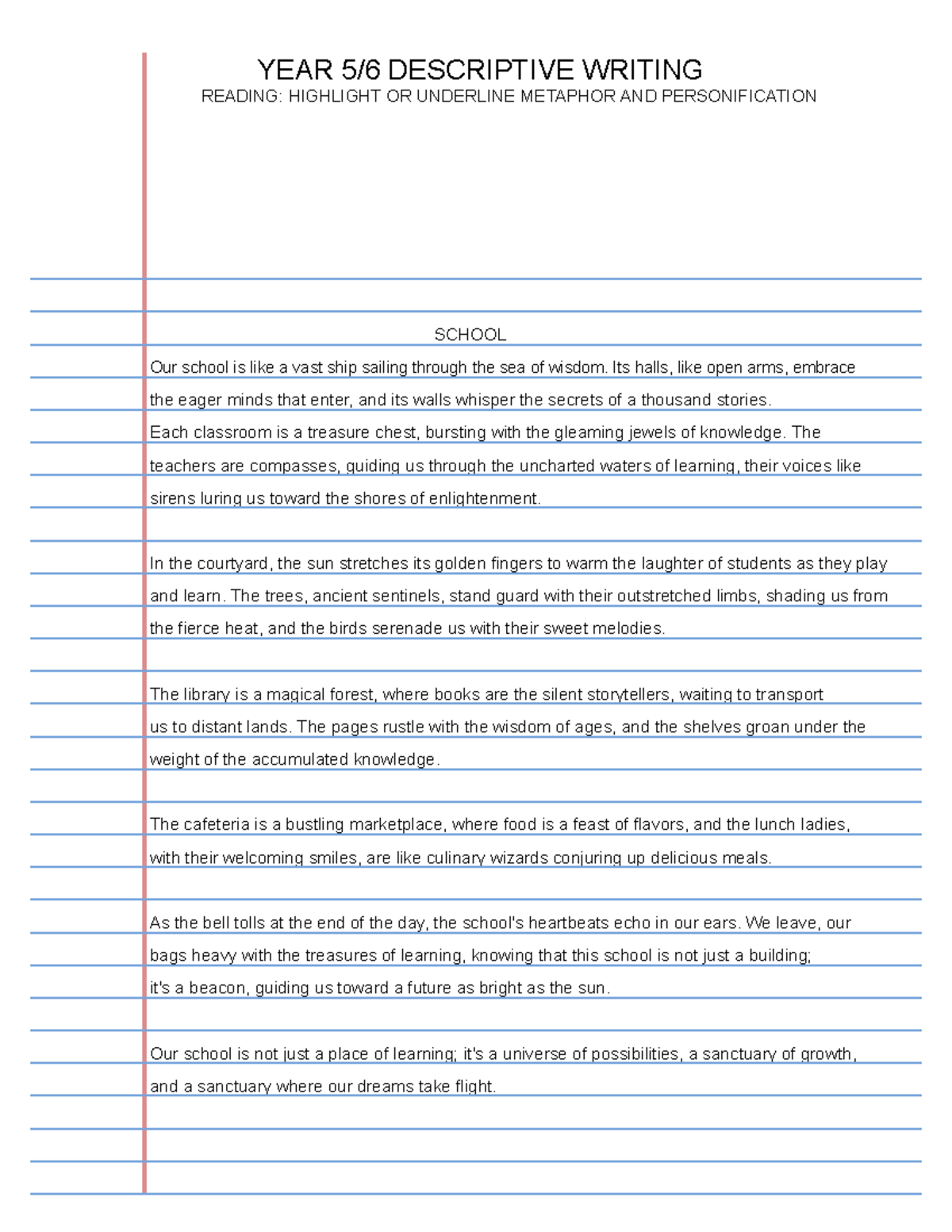 Year 5 6 T4 WK2 - Year 7 - YEAR 5/6 DESCRIPTIVE WRITING READING ...