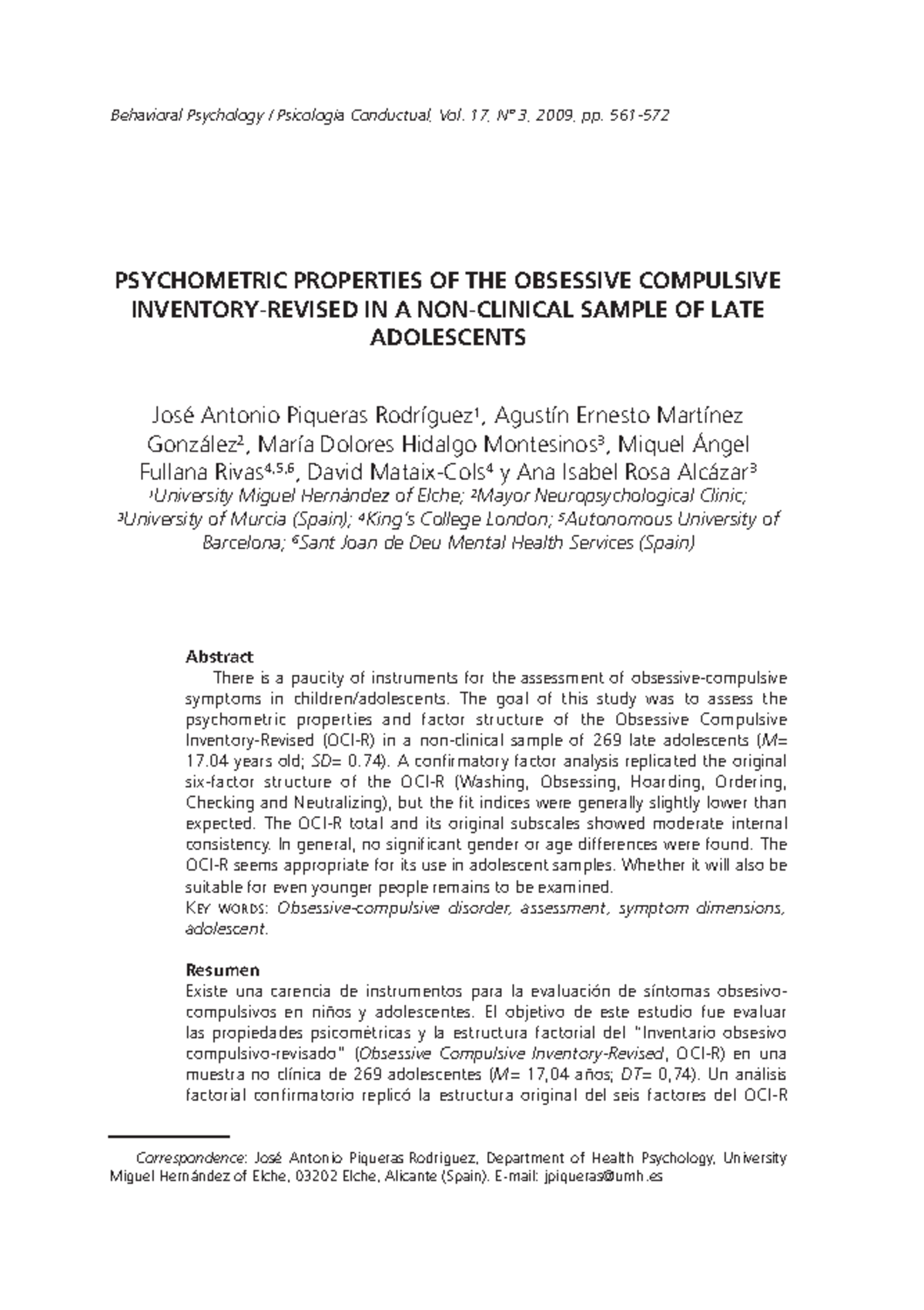 PSYCHOMETRIC PROPERTIES OF THE OBSESSIVE COMPULSIVE INVENTORY-REVISED ...