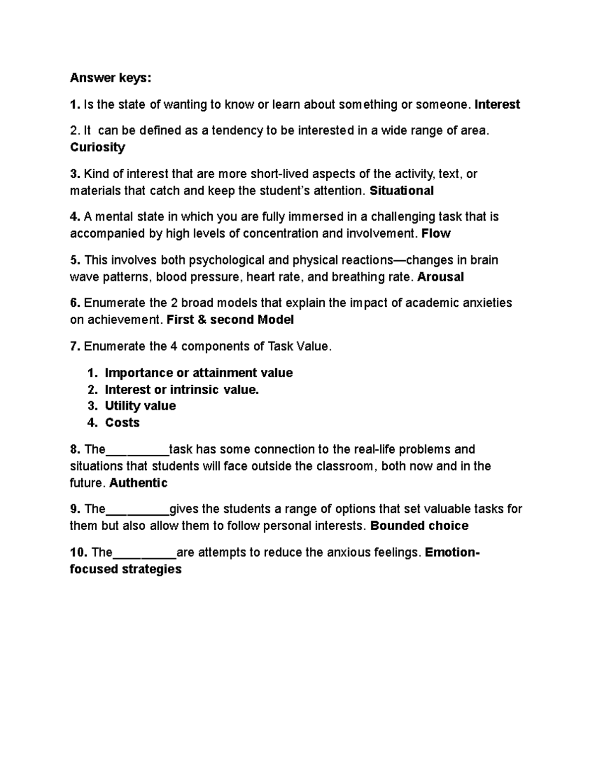 Educ Psy quiz answer keys - Answer keys: Is the state of wanting to ...