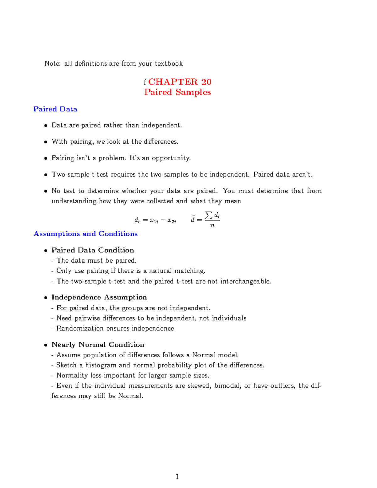 Lecture 23 Chapter 20 - Note: all definitions are from your textbook f CHAPTER 20 Paired Samples ...