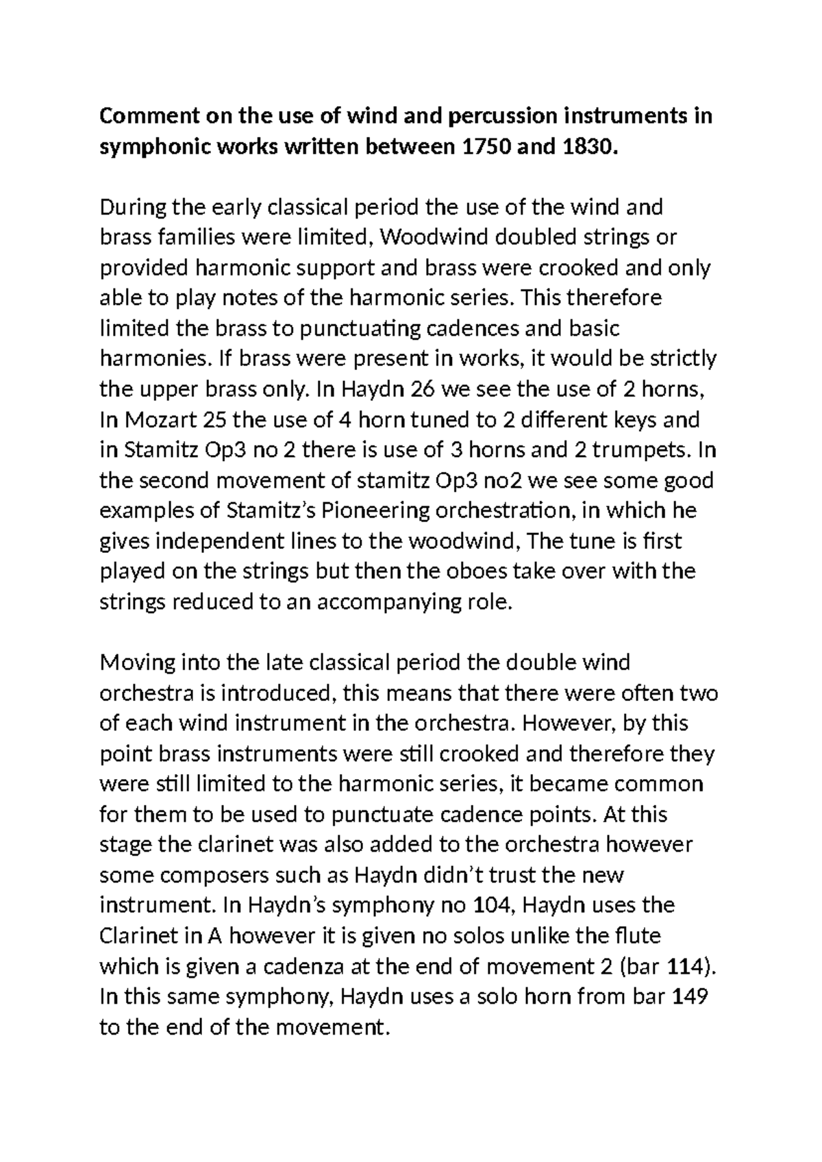 Music Essay Wind and Percussion - Comment on the use of wind and ...