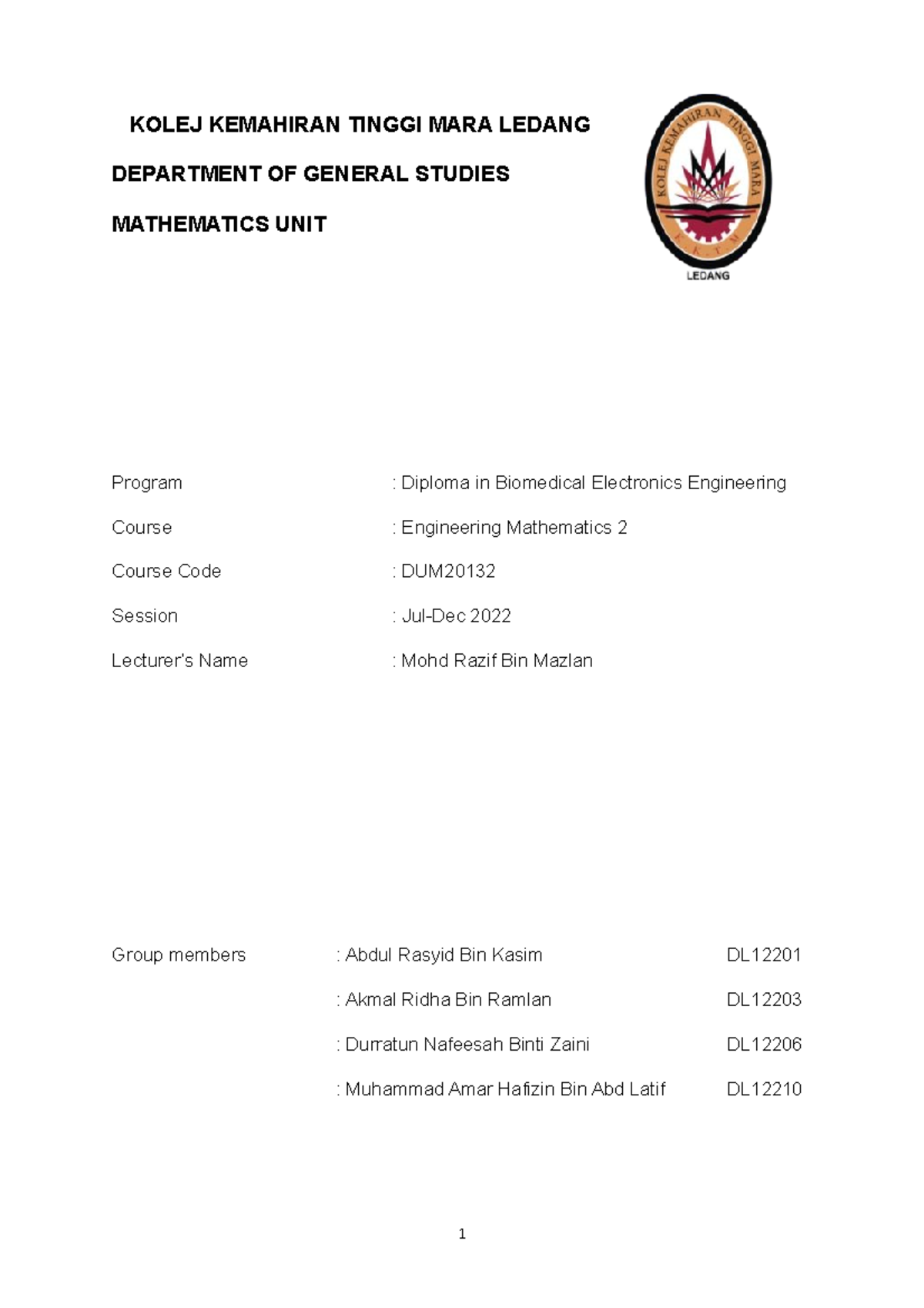 Math 2 - Matrix - KOLEJ KEMAHIRAN TINGGI MARA LEDANG DEPARTMENT OF ...