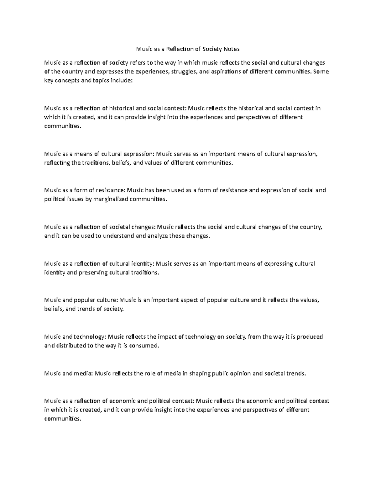 Music as a Reflection of Society Notes - Music as a reflection of ...