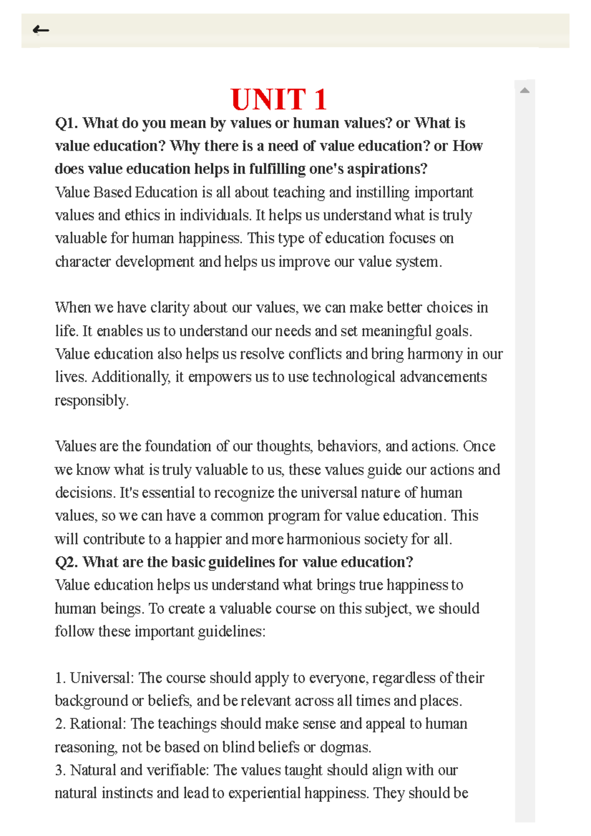 Uhv complete notes - UNIT 1 Q1. What do you mean by values or human ...