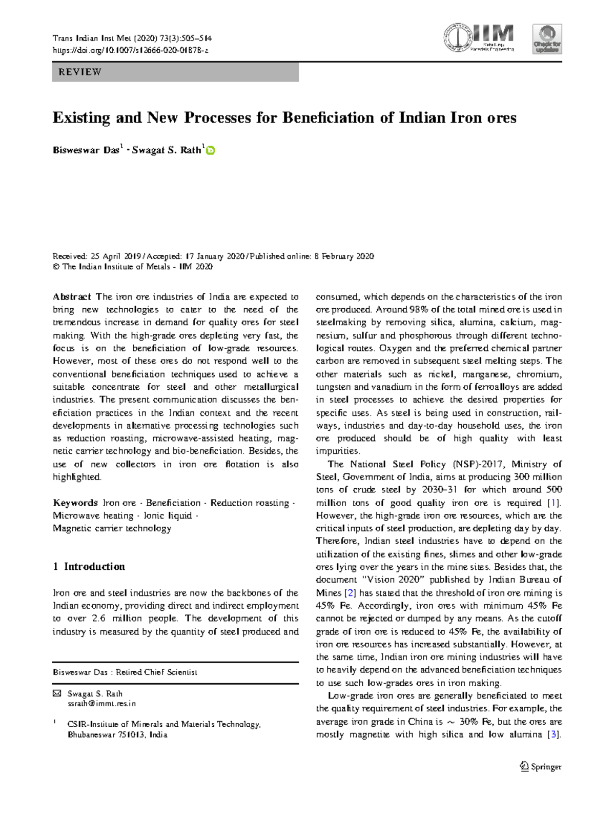 Existing and New Processes for Beneficiation of Indian Iron ores - Rath ...