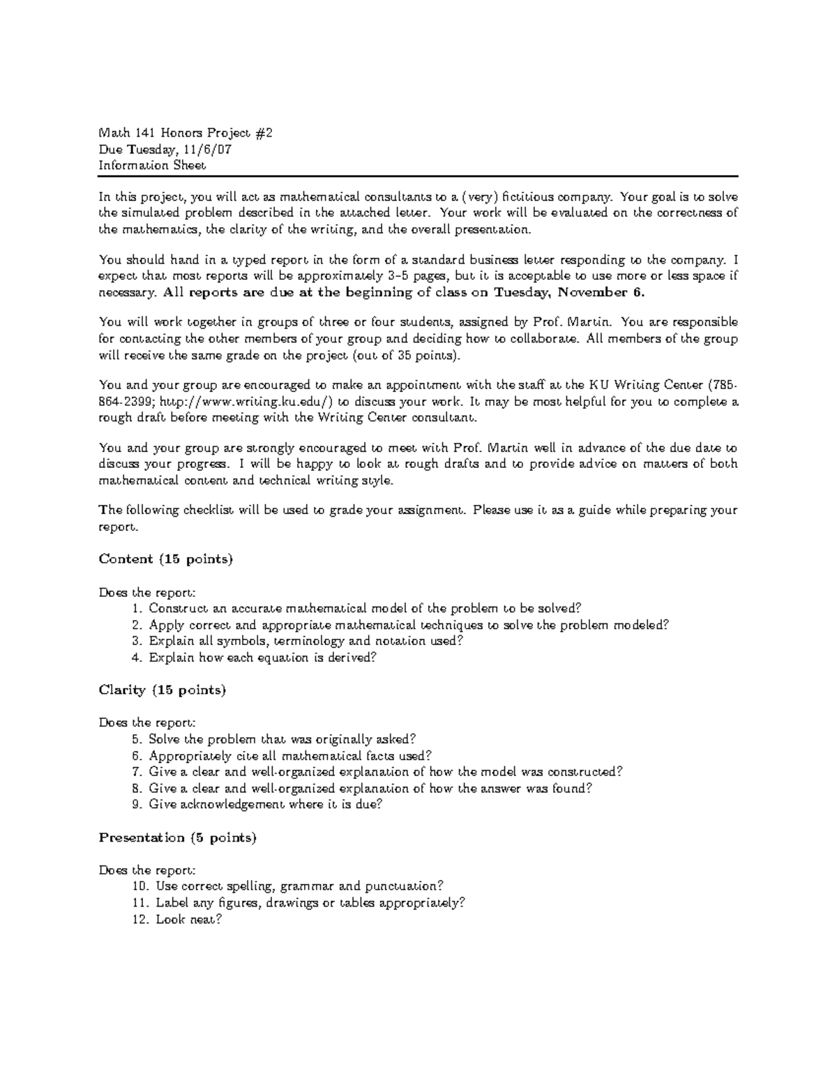 Calc honors project ex1 - Math 141 Honors Project # Due Tuesday, 11/6 ...