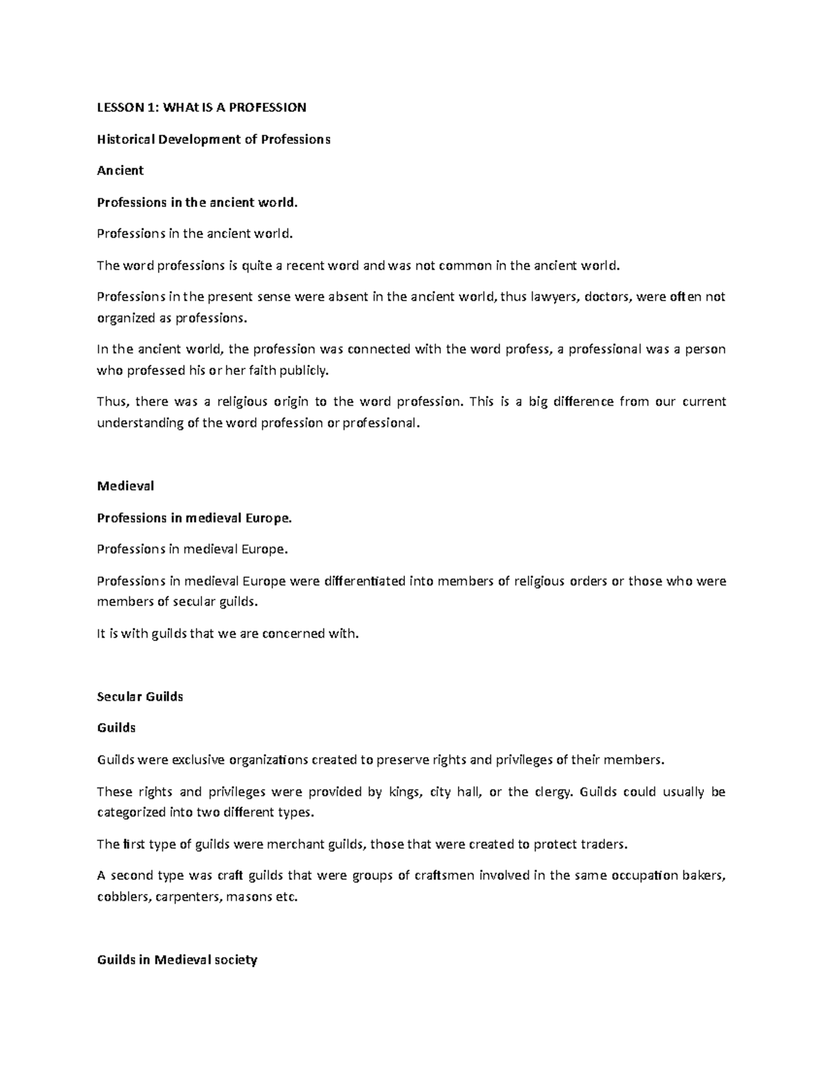 Final notes - LESSON 1: WHAt IS A PROFESSION Historical Development of ...