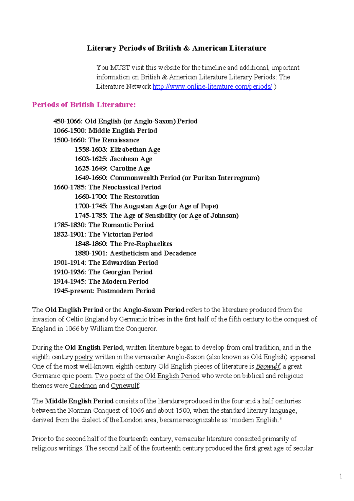 AP Literary Period Am Britain - Literary Periods of British & American ...