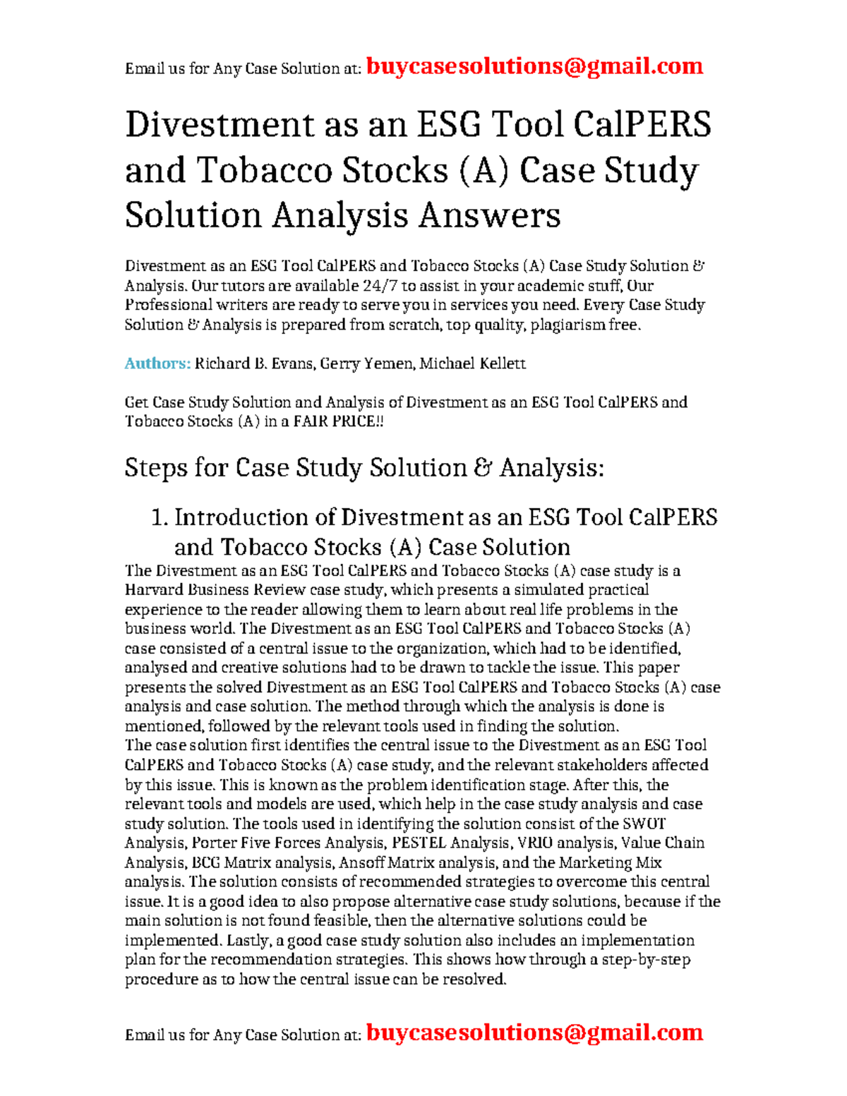 Case Solution Divestment as an ESG Tool Cal PERS and Tobacco Stocks (A ...
