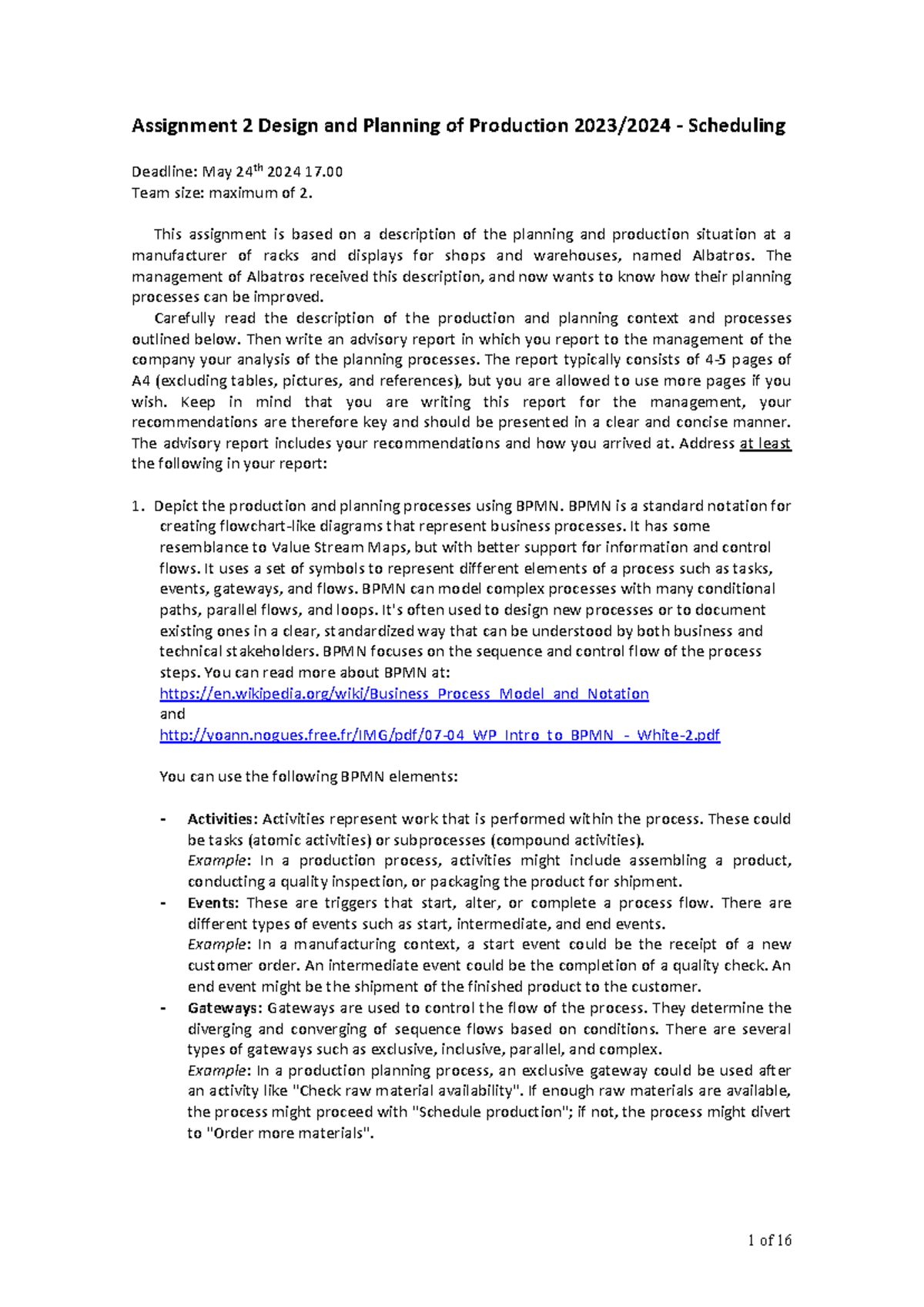 Assignment 2 Scheduling - Assignment 2 Design and Planning of ...