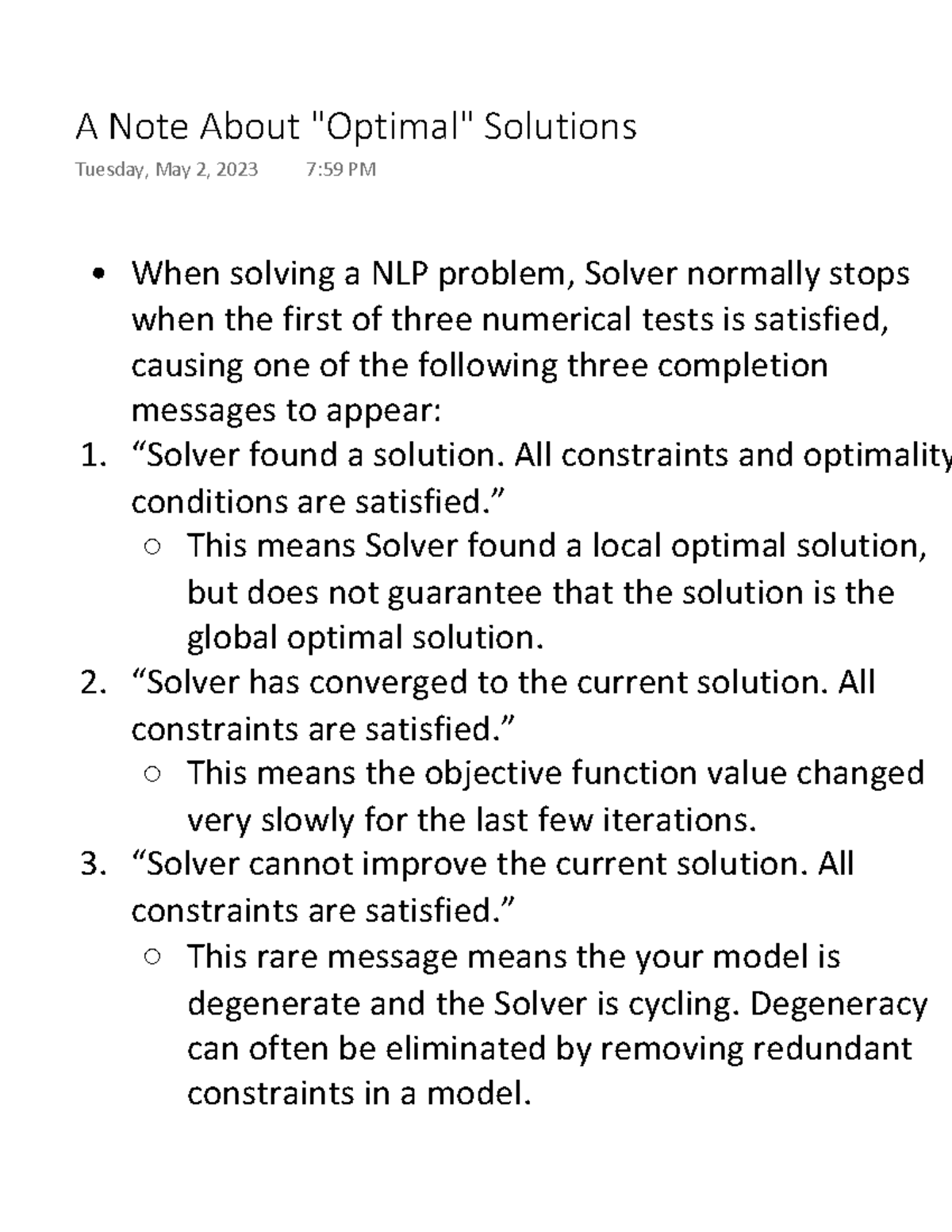 A Note About Optimal Solutions - When solving a NLP problem, Solver normally stops when the ...