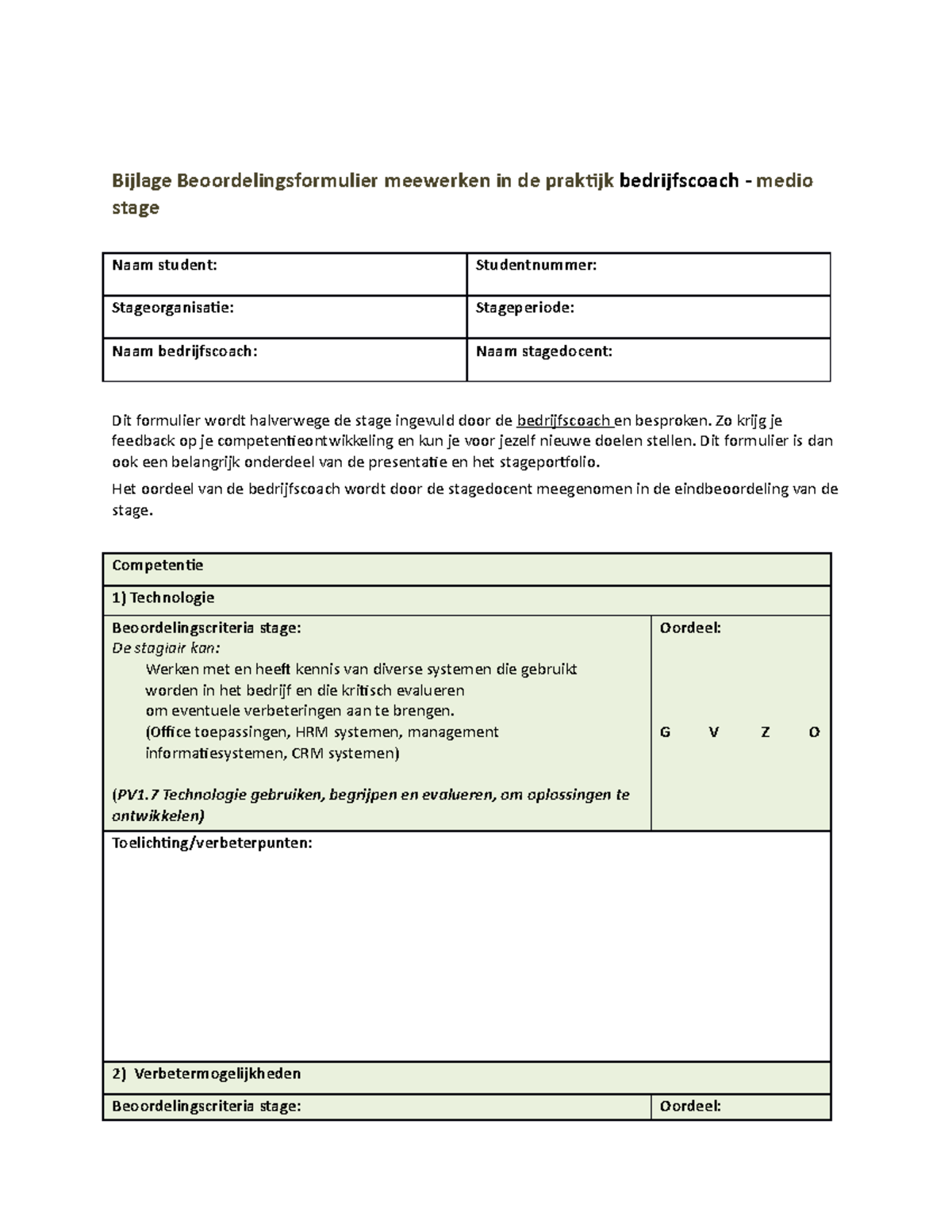 Beoordelingsformulier bedrijfscoach meewerken in de praktijk medio ...