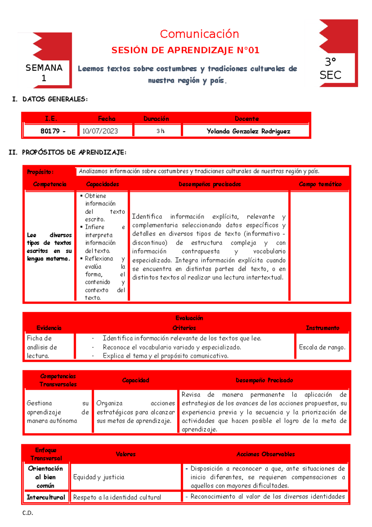 3° Sesión DE Aprendizaje Sesión 1-SEM - DPCC I. DATOS GENERALES: I. Fecha Duración Docente 80179 ...