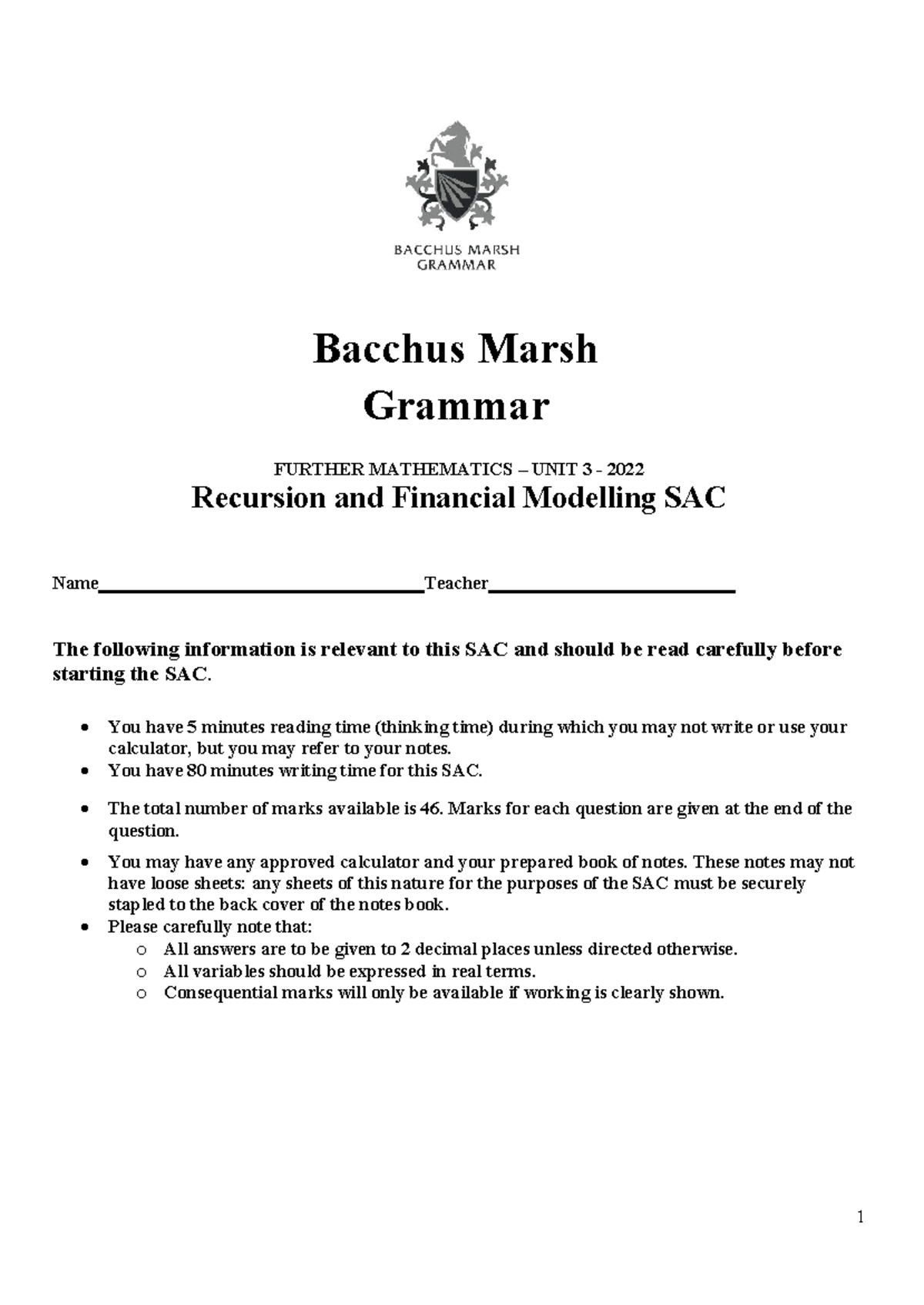 2022 Recursion and Financial Modelling SAC - Final - Bacchus Marsh Grammar FURTHER MATHEMATICS ...