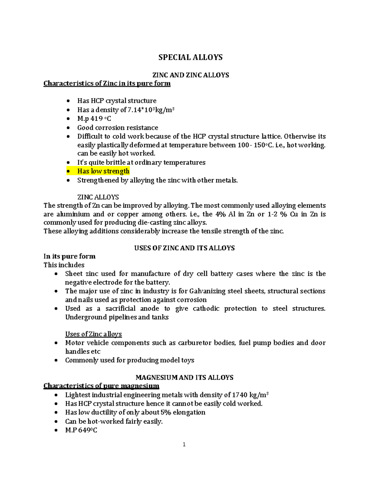 EMG 2201 Engineering Materials Special Alloys - SPECIAL ALLOYS ZINC AND ZINC ALLOYS ...