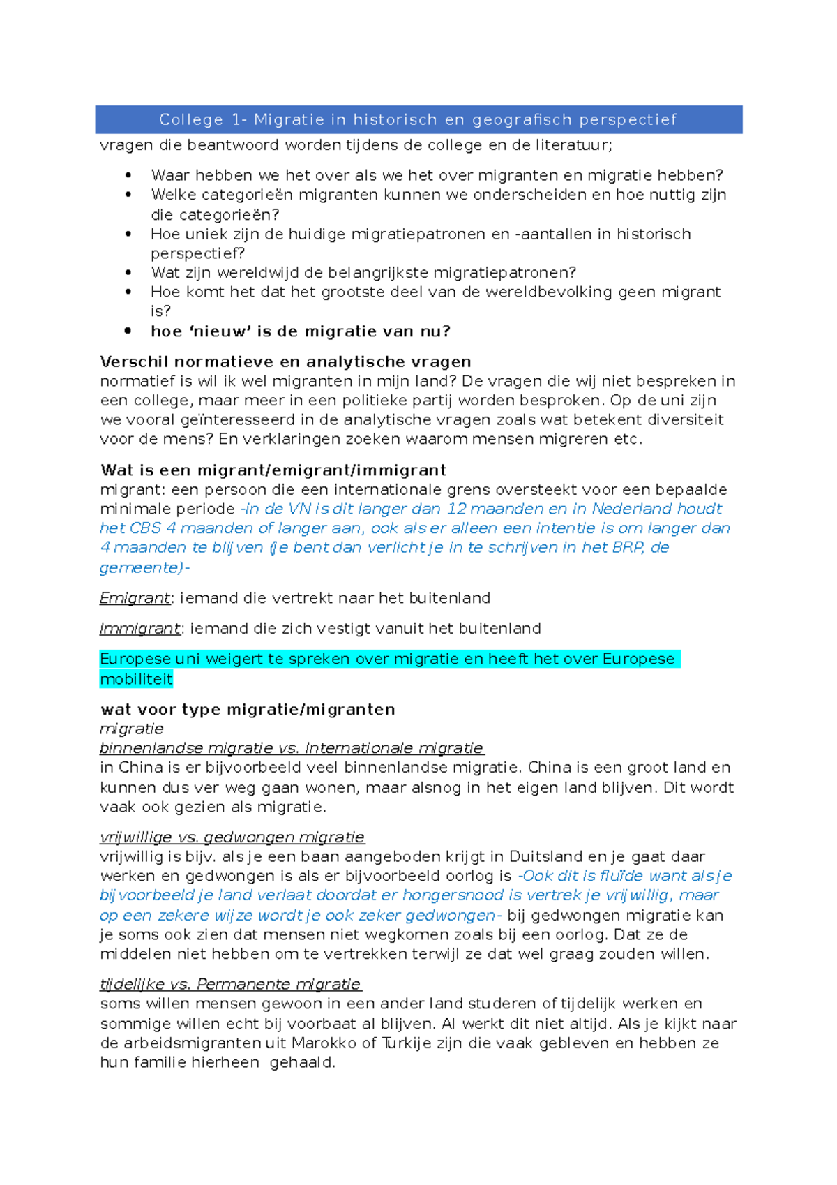 College 1 - Migratie en Diversiteit: governance in de multicuturele samenleving - EUR - Studeersnel