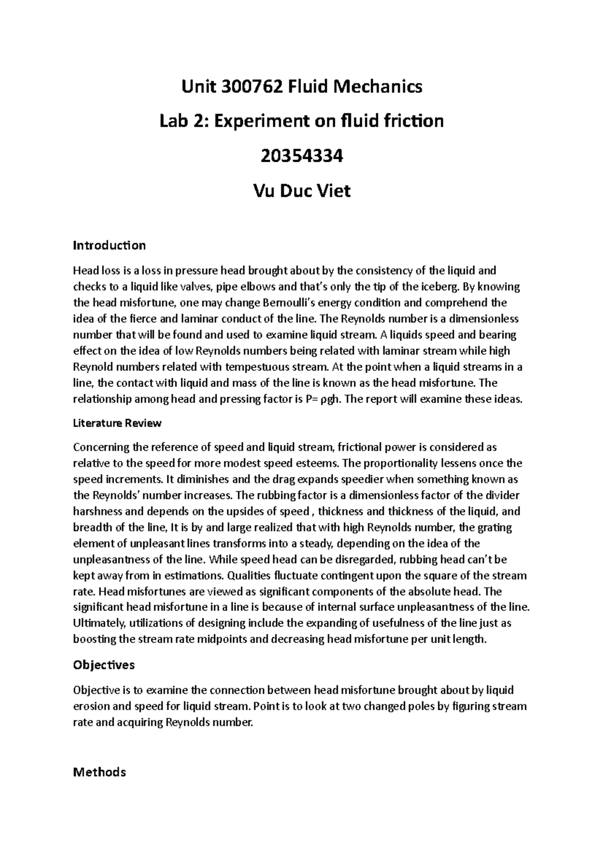 Lab 2 Experiment on fluid friction - Unit 300762 Fluid Mechanics Lab 2: Experiment on fluid ...