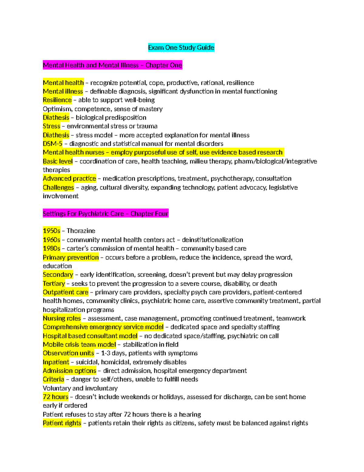 Exam One Study Guide mental health - Exam One Study Guide Mental Health ...