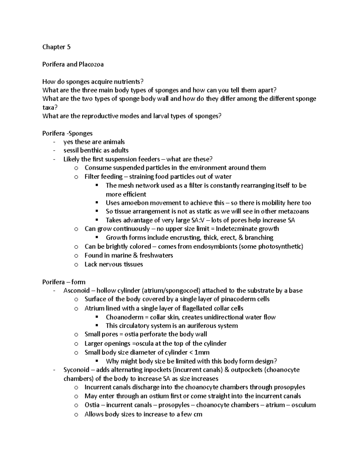Invertebrate Zoology Chapter 5 - Chapter 5 Porifera and Placozoa How do ...