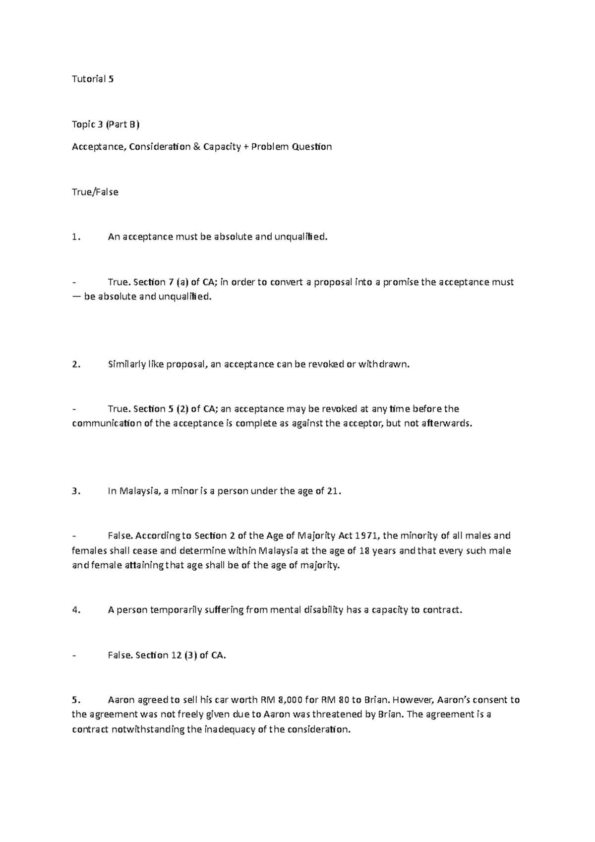 Tutorial 5 topic 3 - acceptance, consideration, and capacity. - Tutorial 5 Topic 3 (Part - Studocu