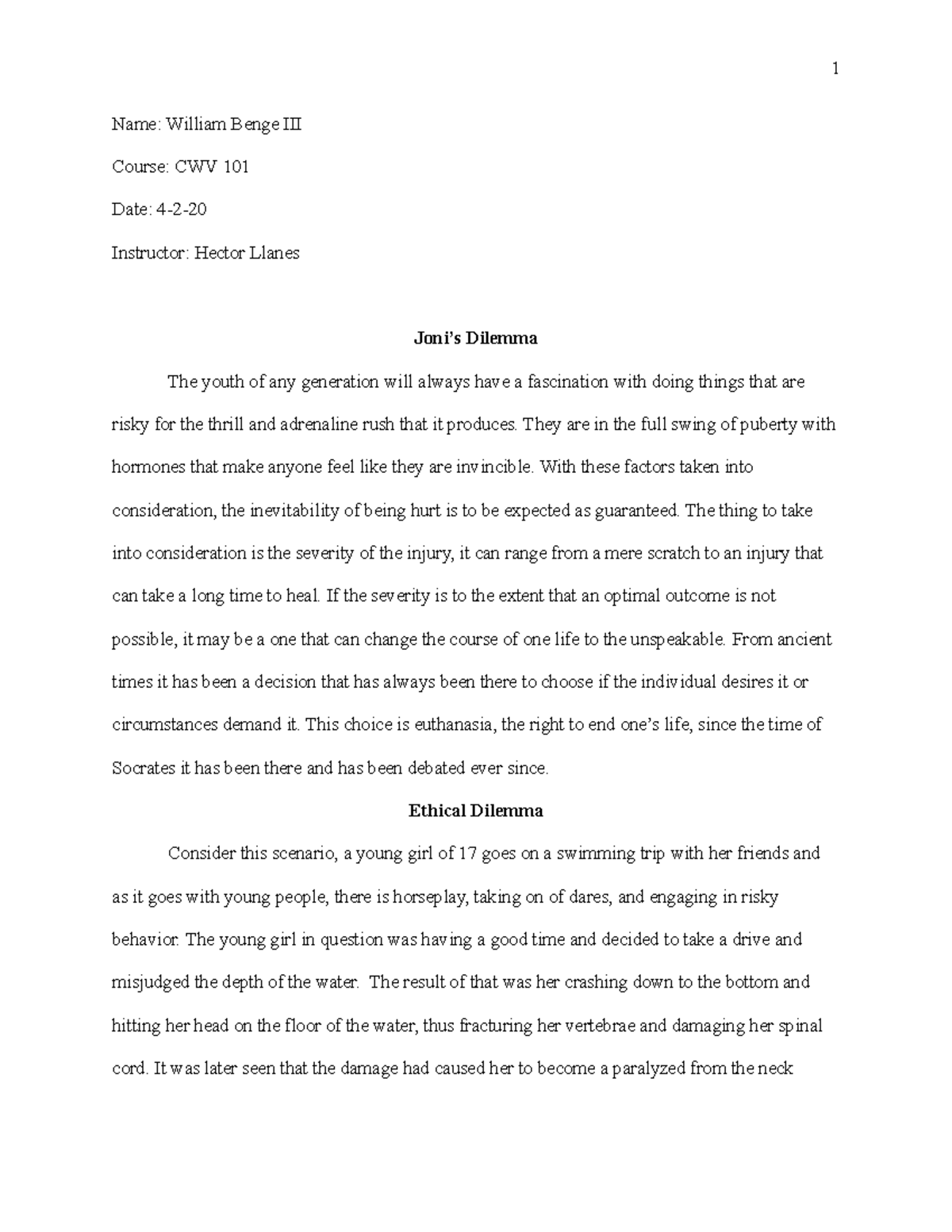 CWV 101 RS T7Ethical Dilemma Essay wb3 - Name: William Benge III Course ...