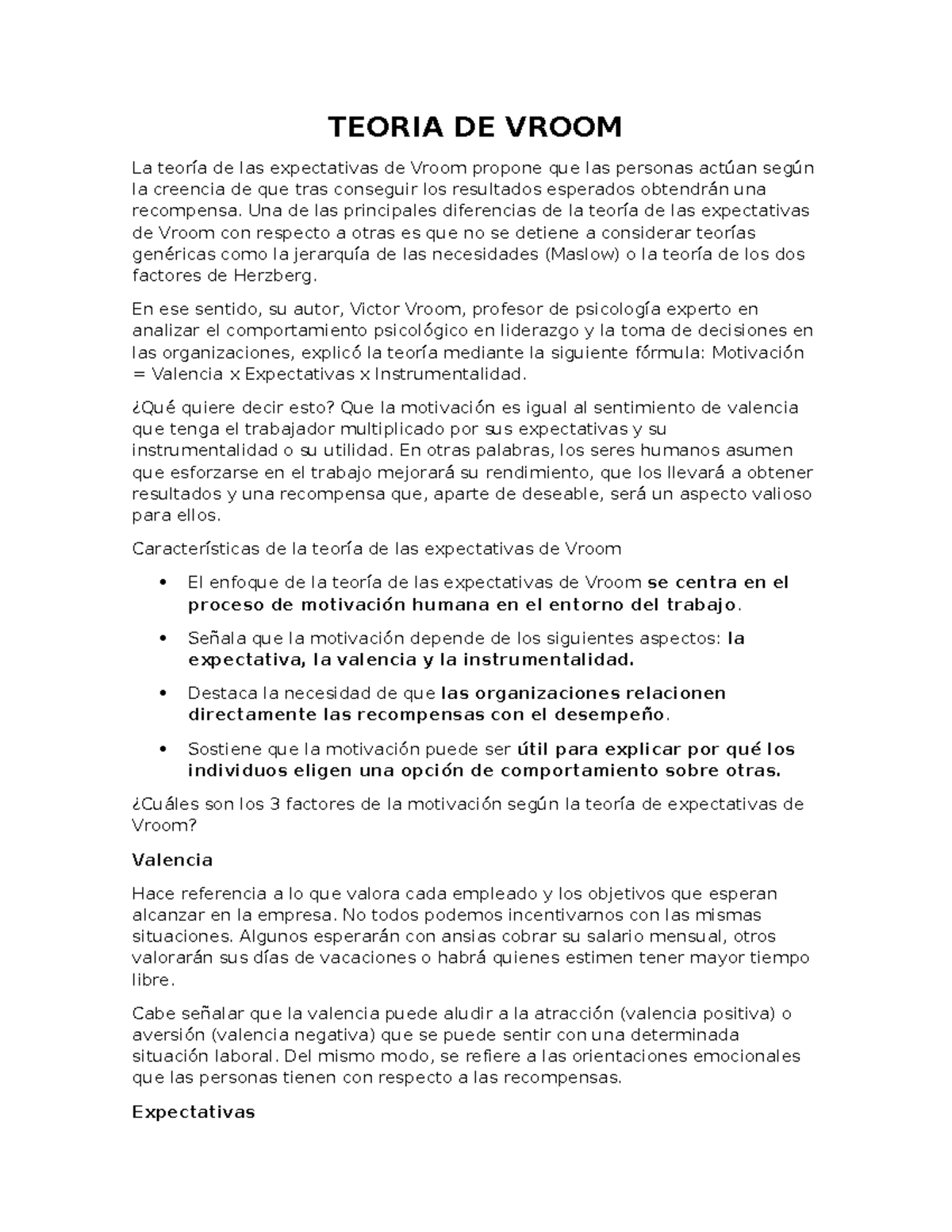 Teoria de Vroom - TEORIA DE VROOM La teoría de las expectativas de ...