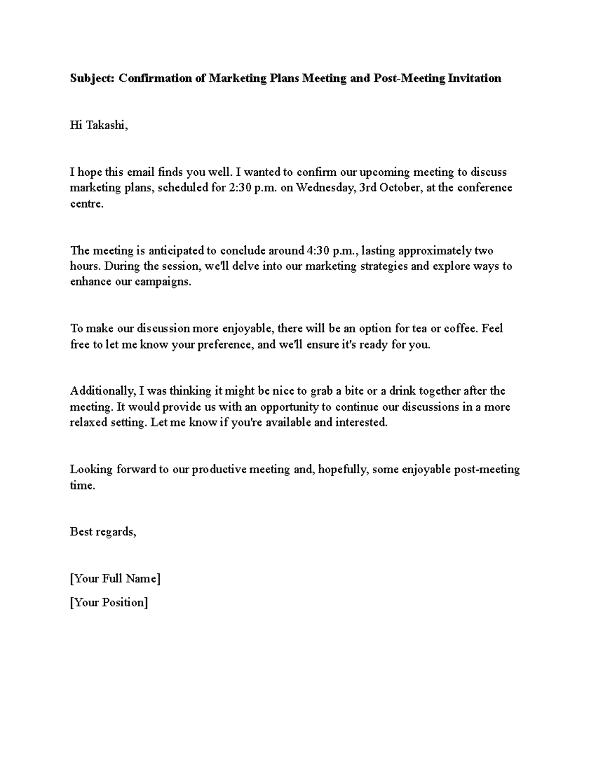 Mail xác nhận - Subject: Confirmation of Marketing Plans Meeting and ...