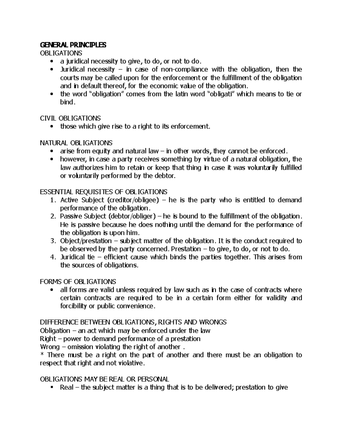 Oblicon - notes - GENERAL PRINCIPLES OBLIGATIONS a juridical necessity ...