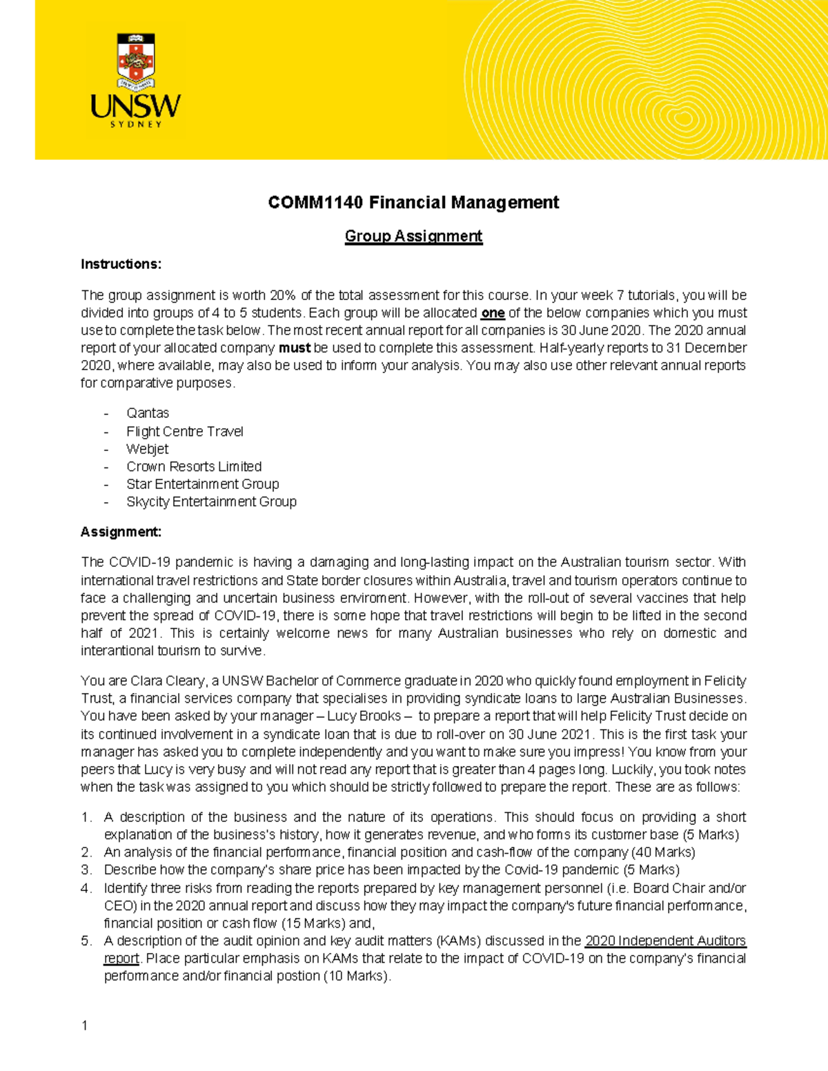 Assignment Notification - 1 COMM1140 Financial Management Group ...