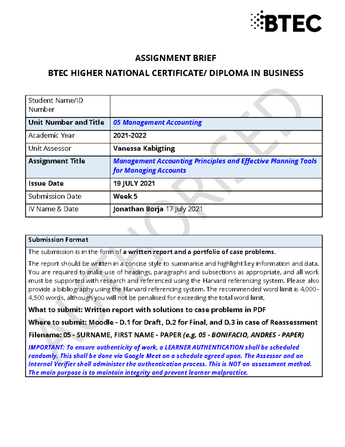 Assignment-brief-cases - ASSIGNMENT BRIEF BTEC HIGHER NATIONAL CERTIFICATE/ DIPLOMA IN BUSINESS ...