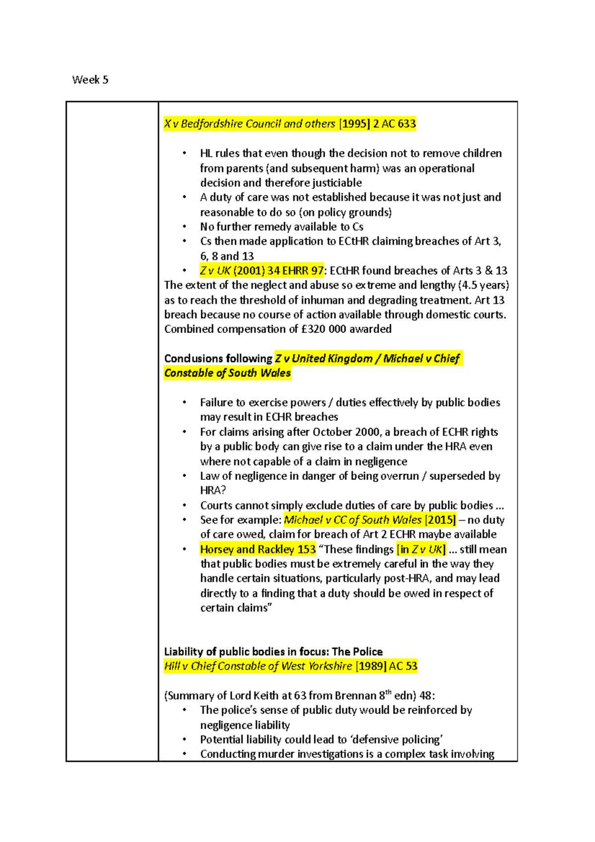 Week 5 - law - Week 5 X v Bedfordshire Council and others [1995] 2 AC 633 HL rules that even ...
