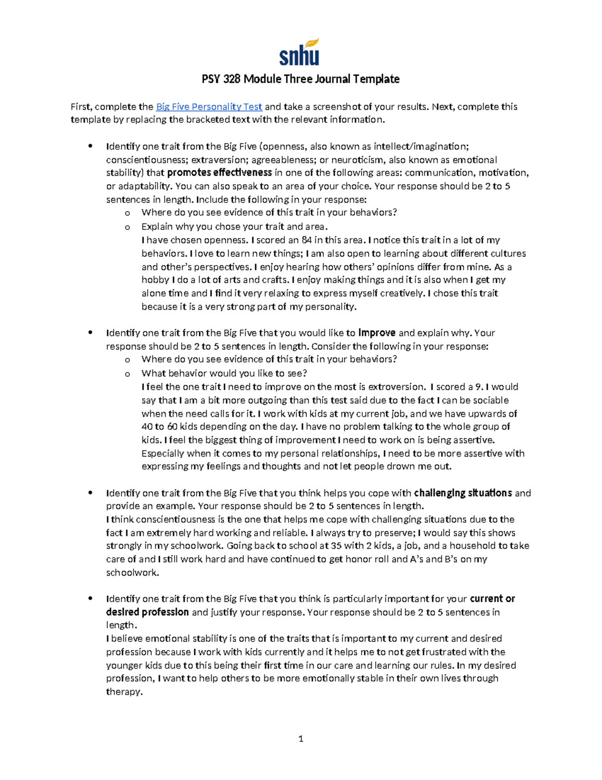 PSY 328 Module Three Journal - Next, complete this template by replacing the bracketed text with ...