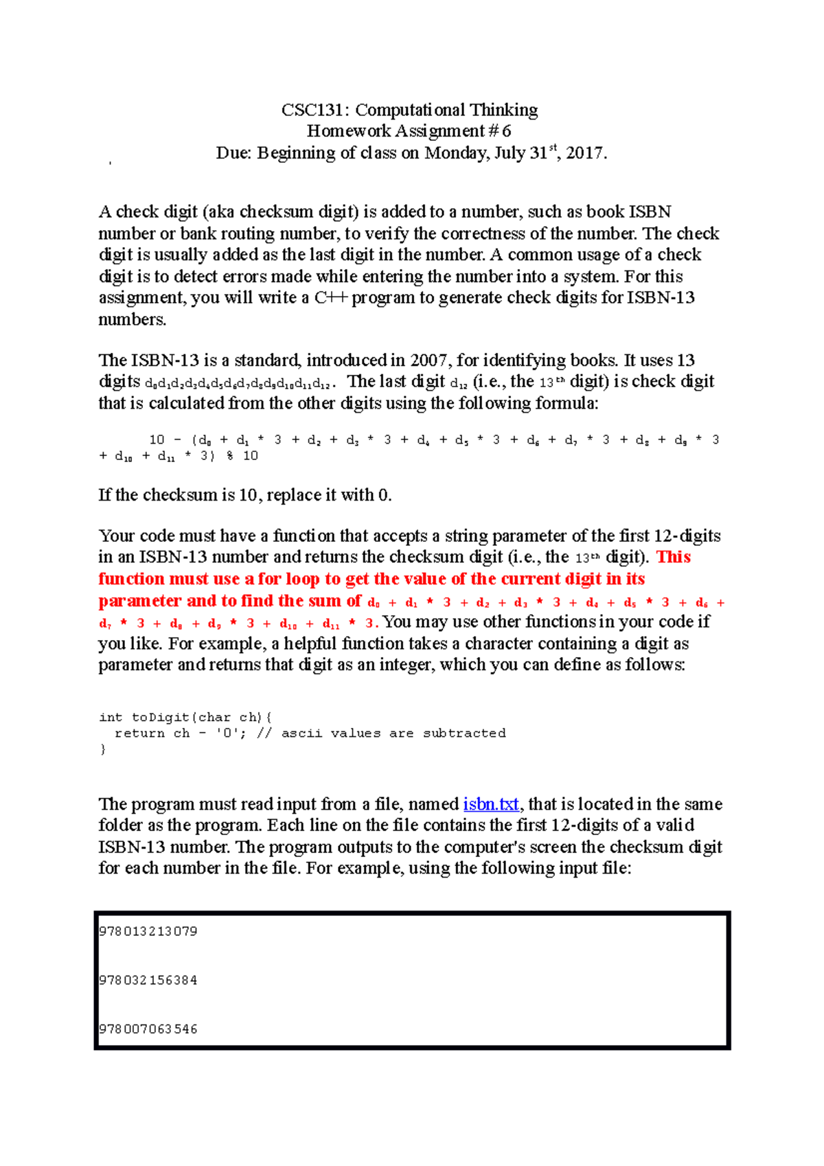 Csc131 Hw 6 Homework Csc131 Computational Thinking Homework Assignment 6 Due Beginning