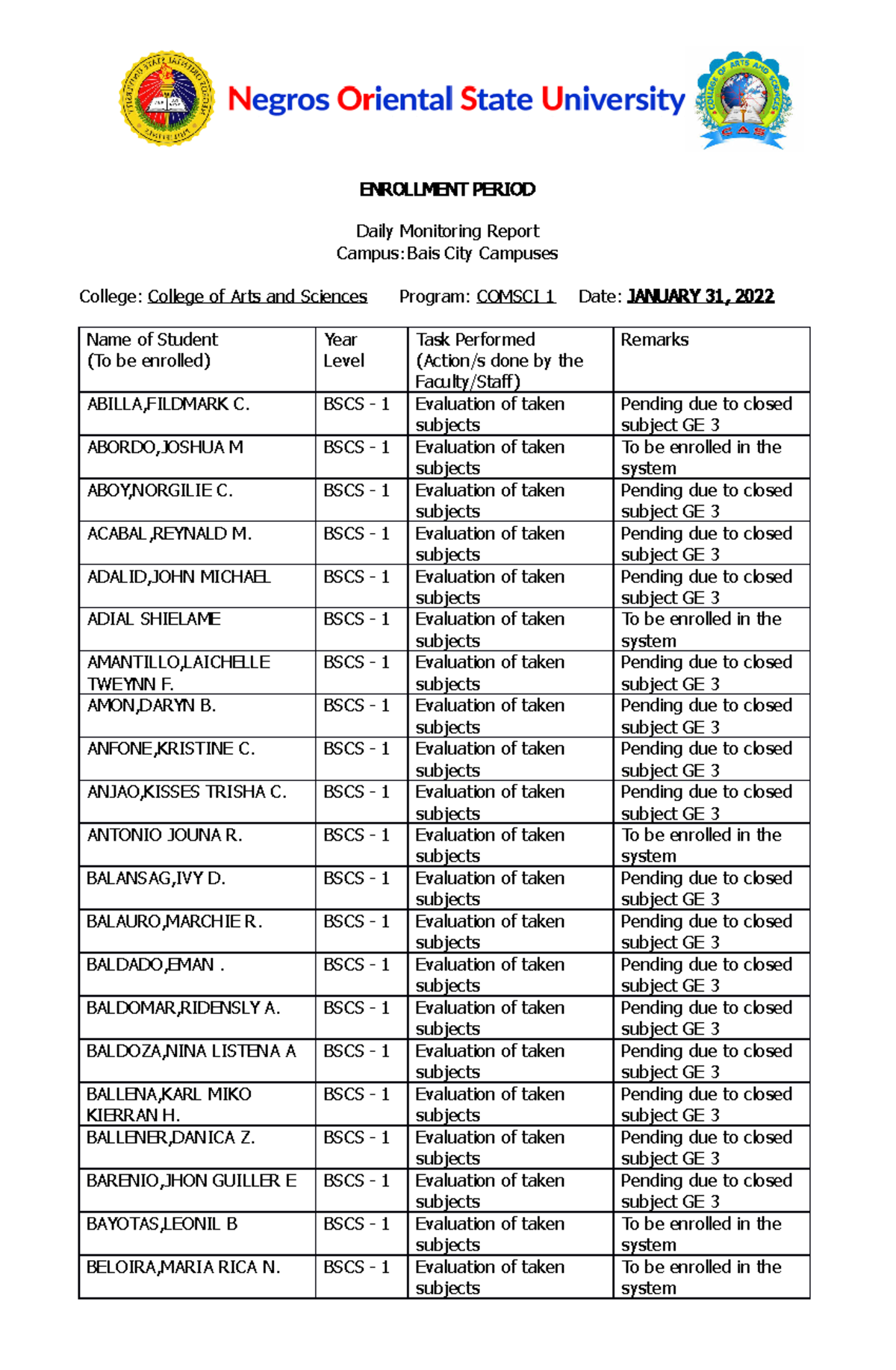 Enrollment FORM - ENROLLMENT PERIOD Daily Monitoring Report Campus ...