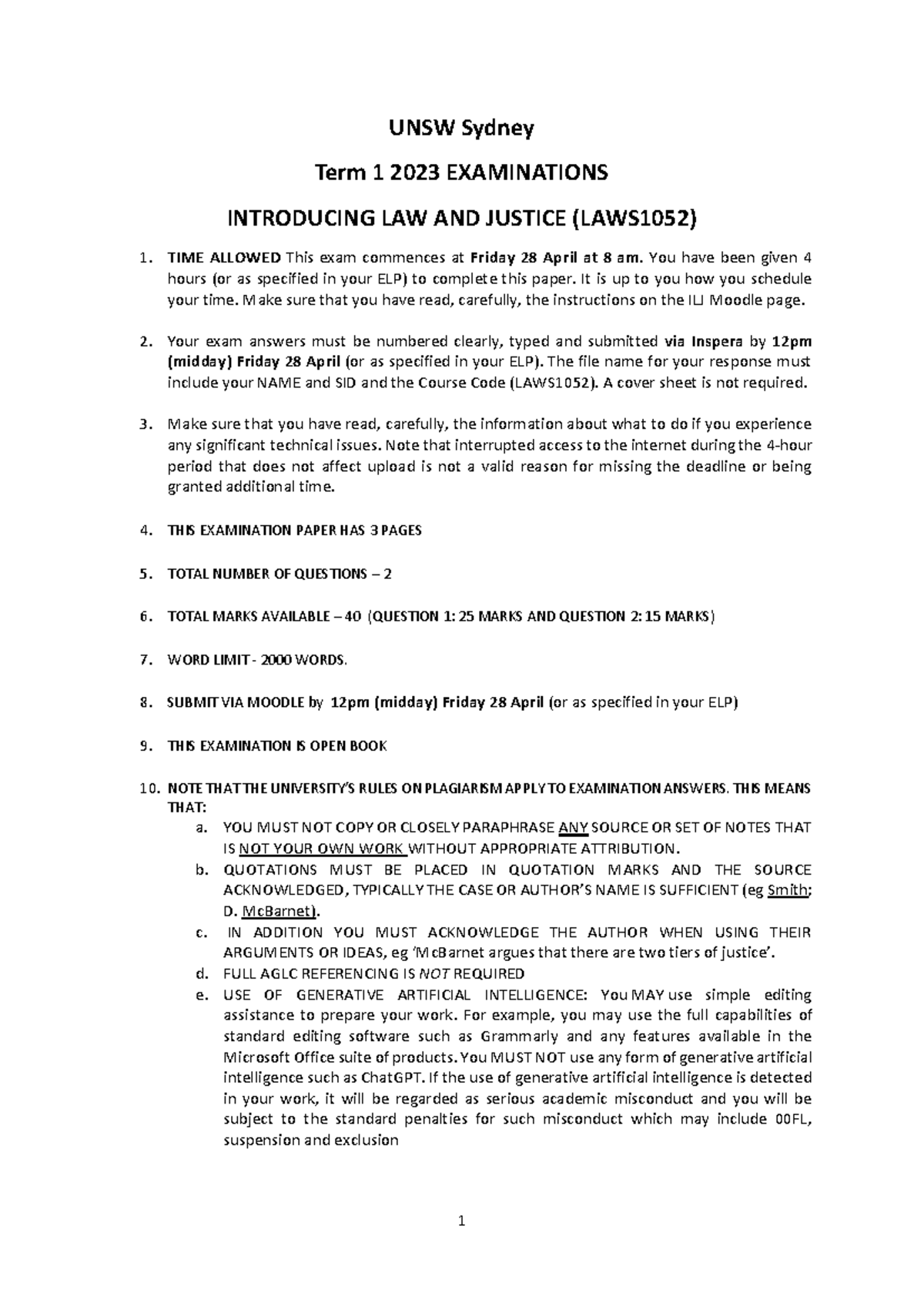 Introducing Law and Justice Exam T1 2023 Final - 1 UNSW Sydney Term 1 ...